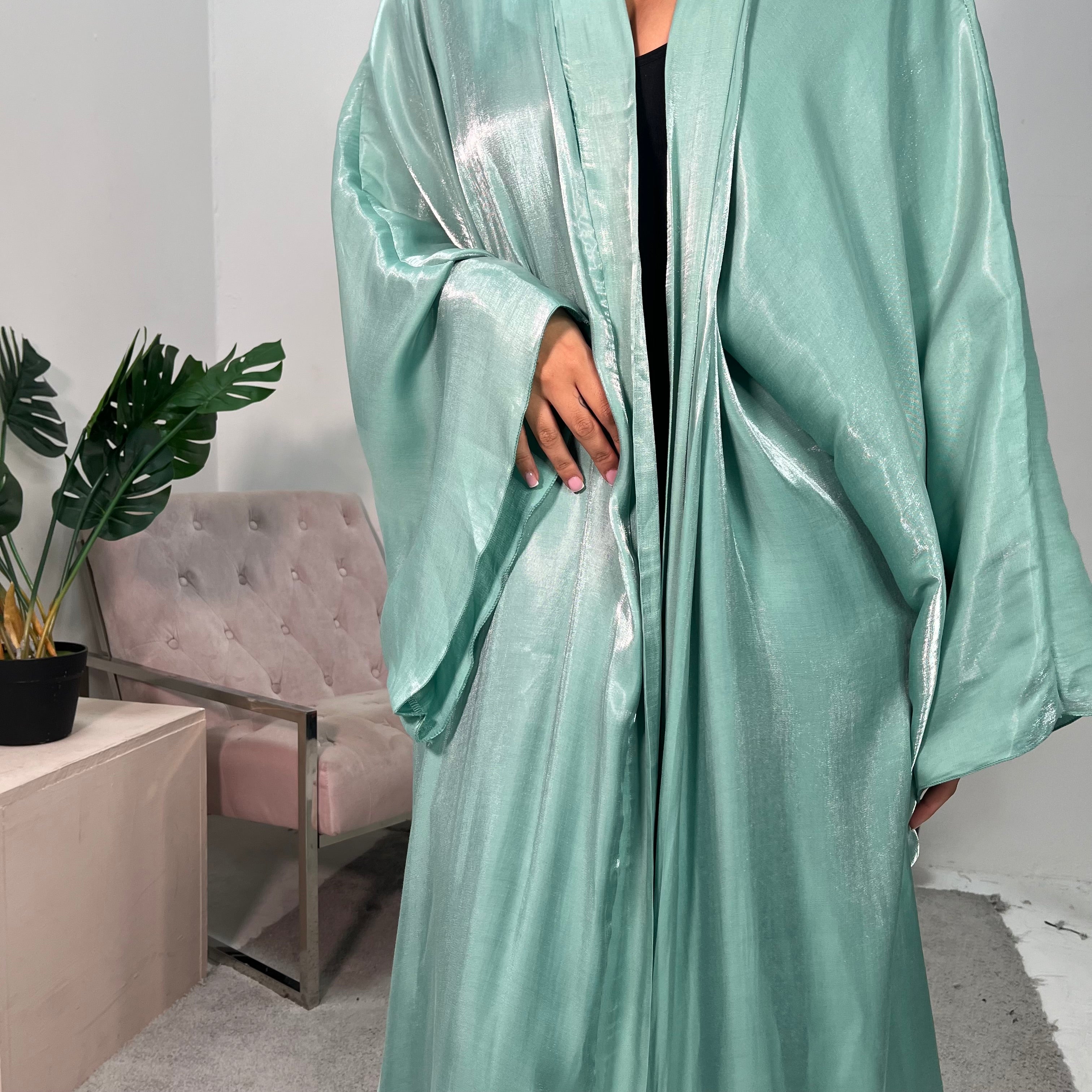 Amani Aqua Shimmer Open Abaya Jacket – House Of Haniya