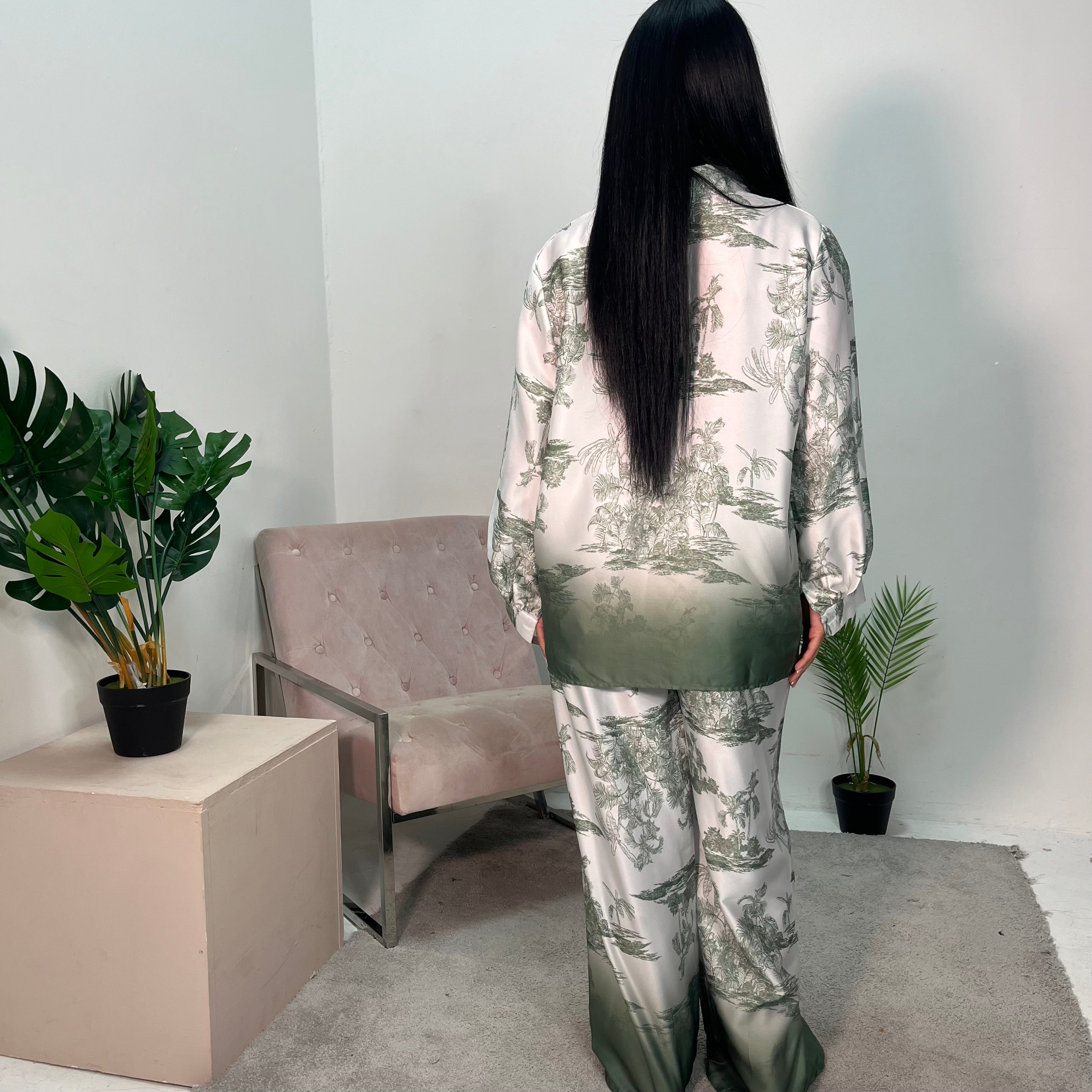 Amira Green Floral Satin Lightweight Co Ord Set – House Of Haniya