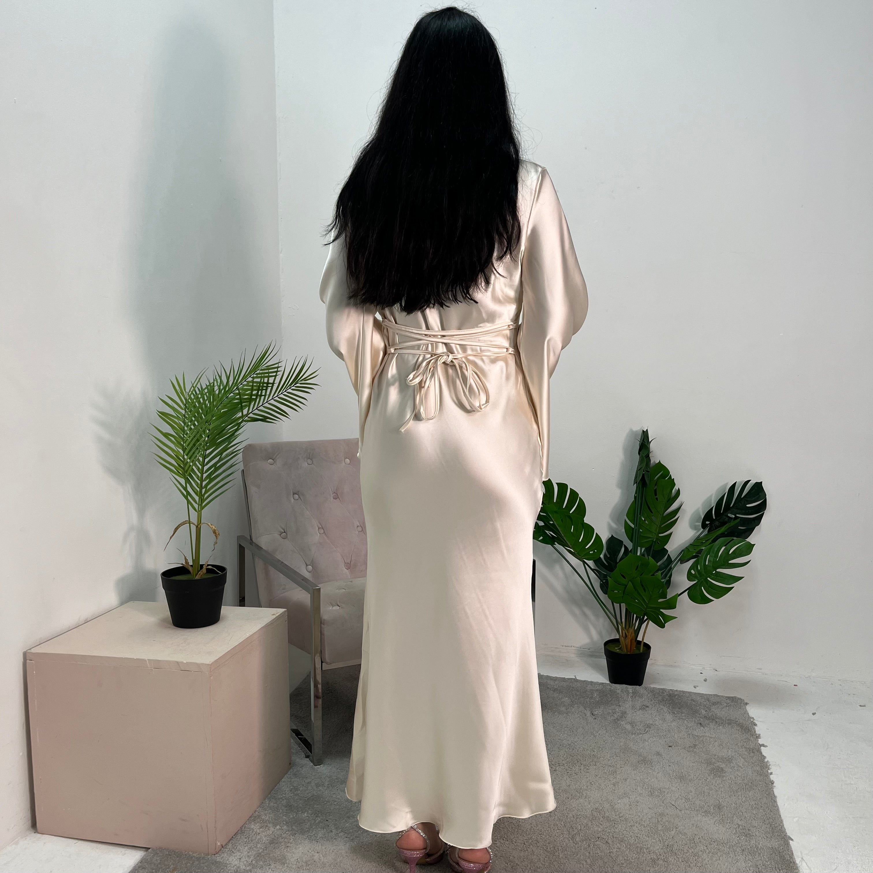 Aqsa Cream Premium Tie Back Satin Quality Dress – House Of Haniya