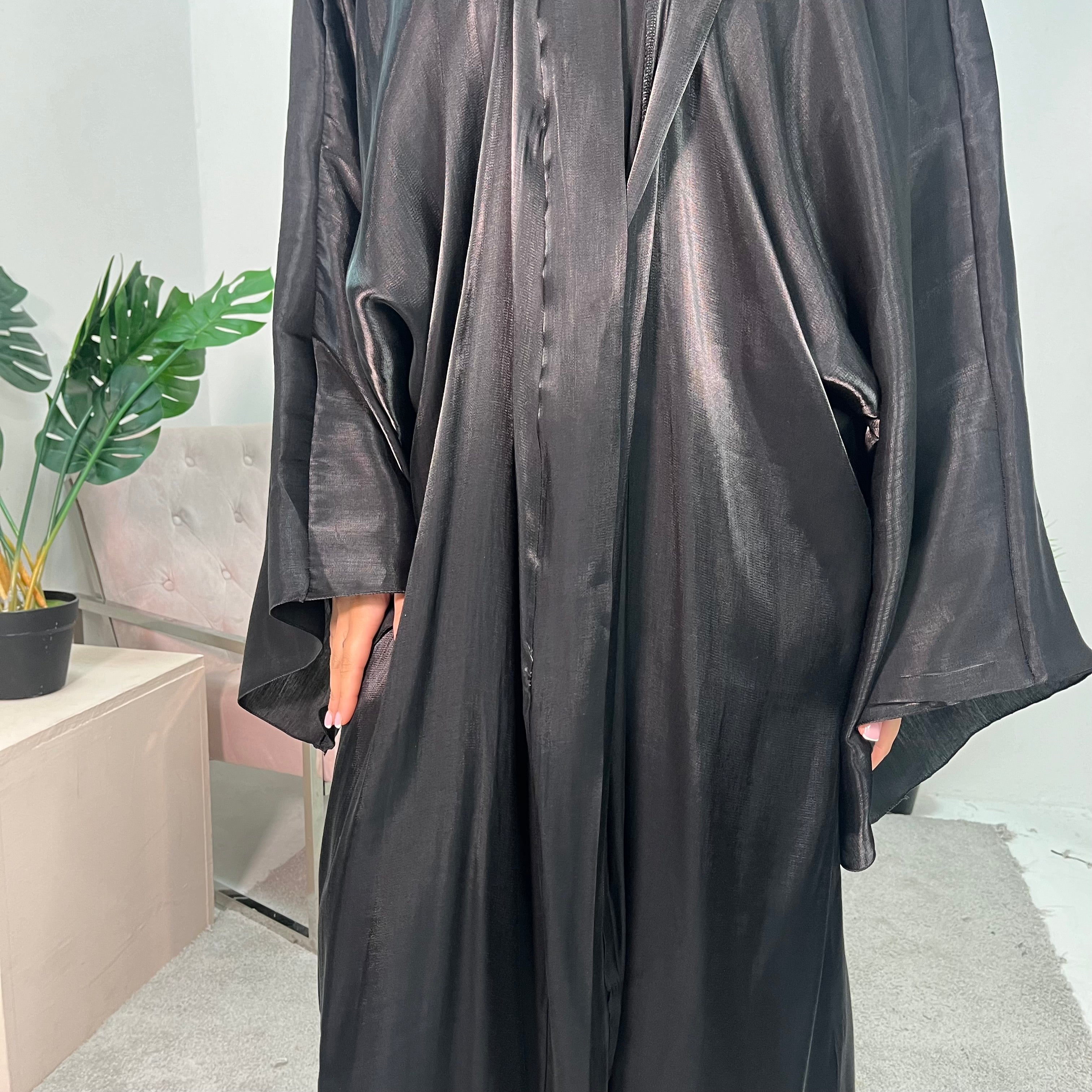Amani Black Shimmer Open Abaya Jacket – House Of Haniya