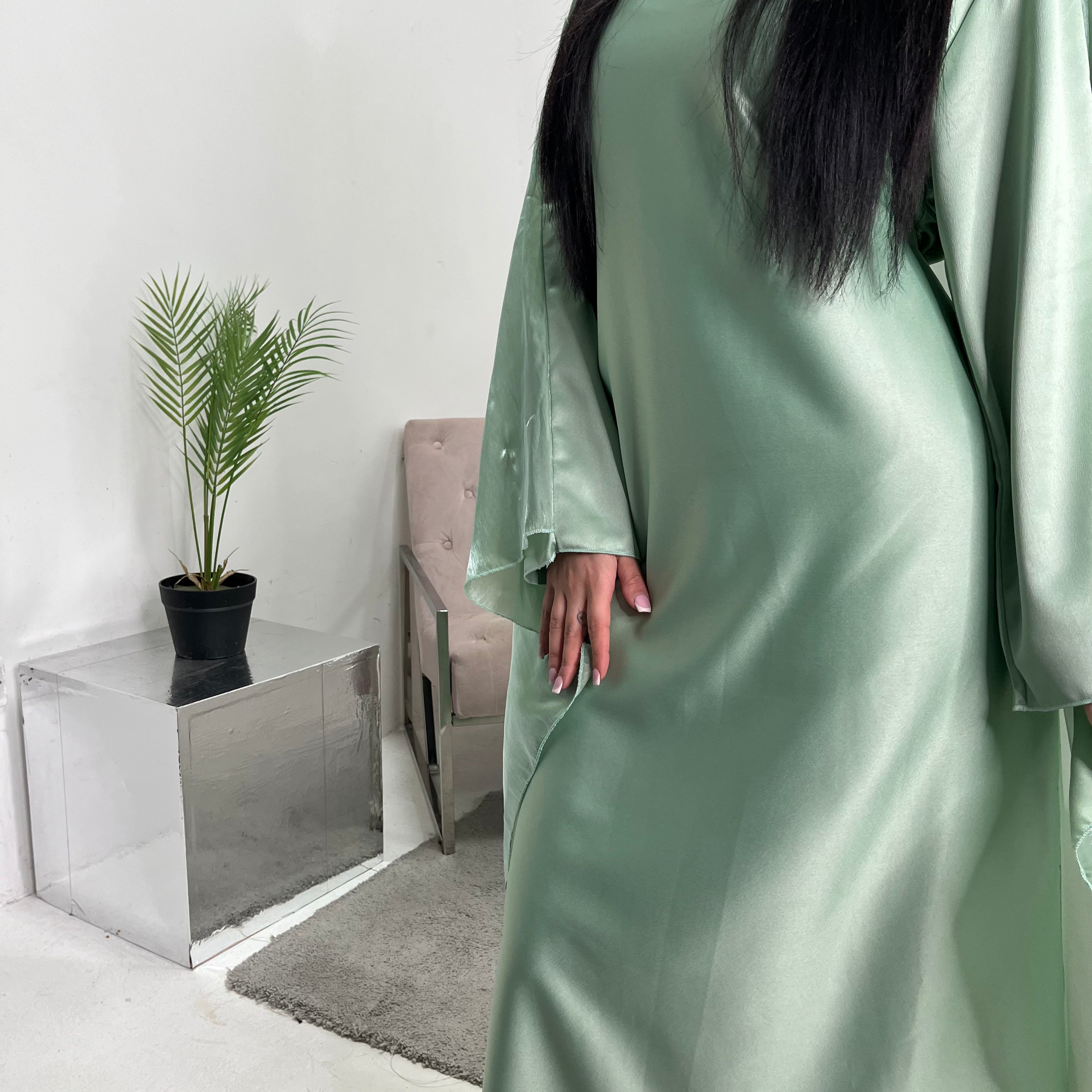 Aisha Mint Mesh Cape Satin Tie Back Modest Dress – House Of Haniya