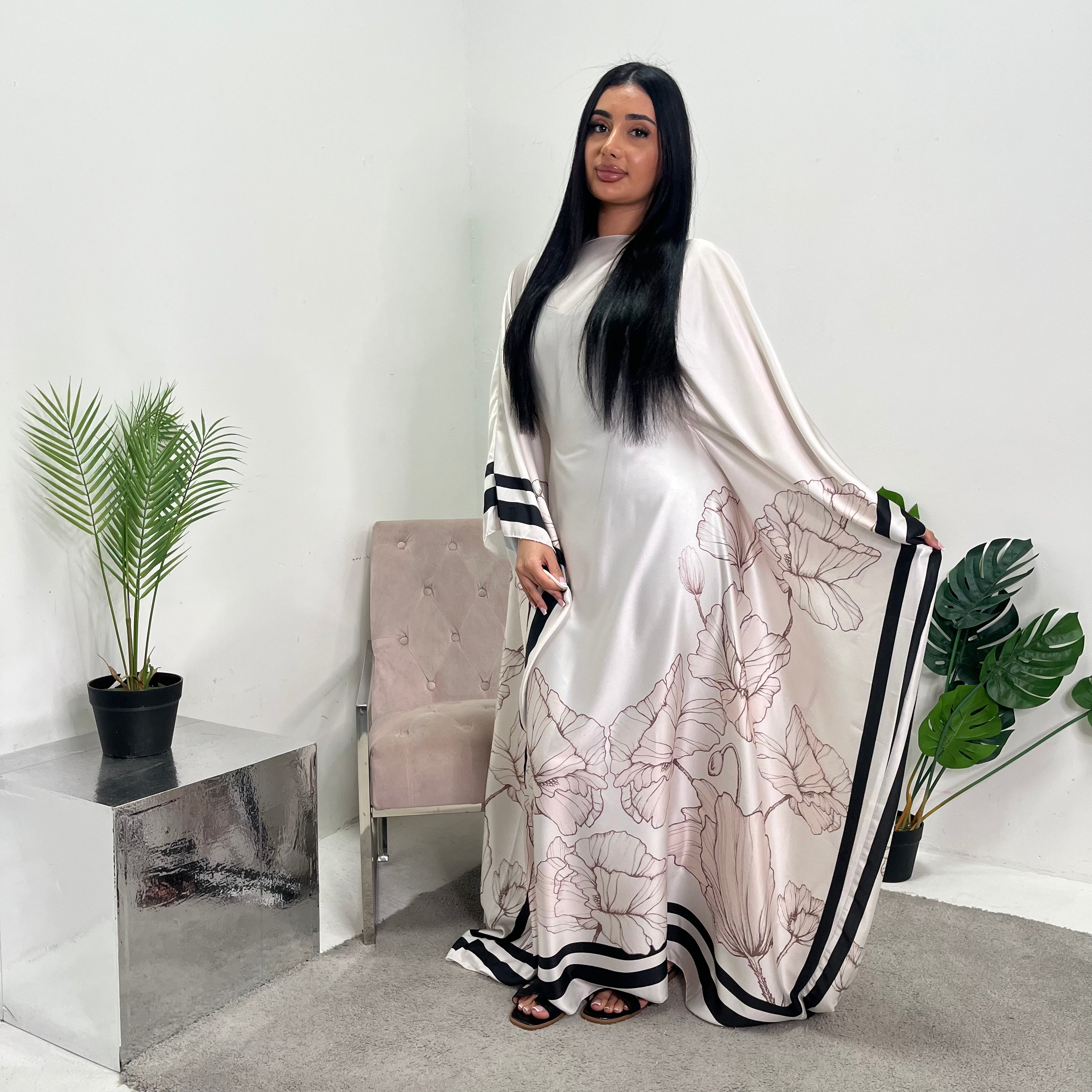 Liah Cream Printed Floral Satin Kaftan Dress – House Of Haniya