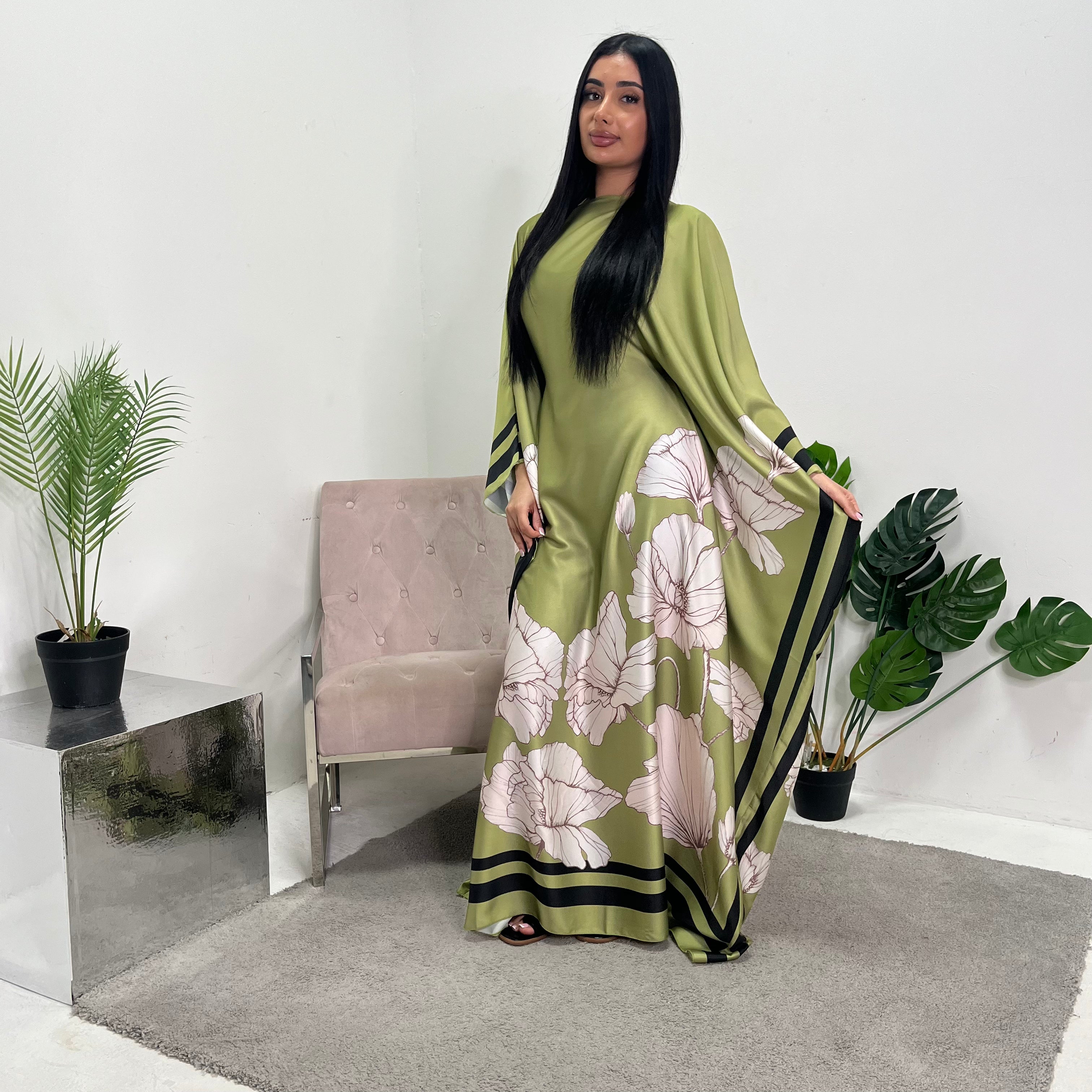 Liah Lime Green Printed Floral Satin Kaftan Dress – House Of Haniya