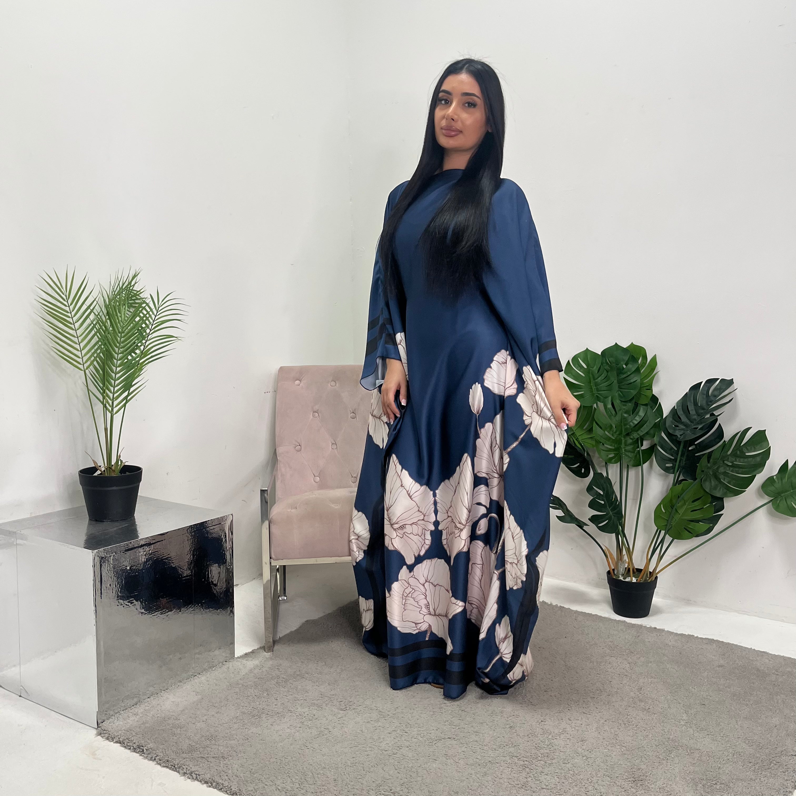 Liah Navy Printed Floral Satin Kaftan Dress – House Of Haniya