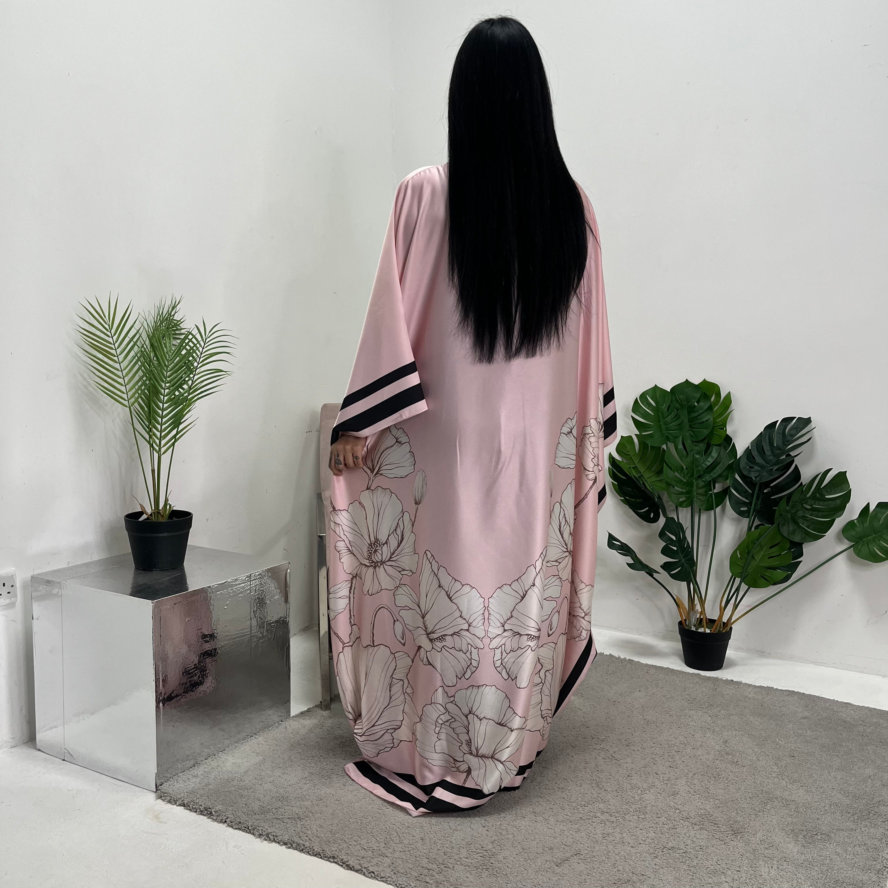 Liah Pink Printed Floral Satin Kaftan Dress – House Of Haniya