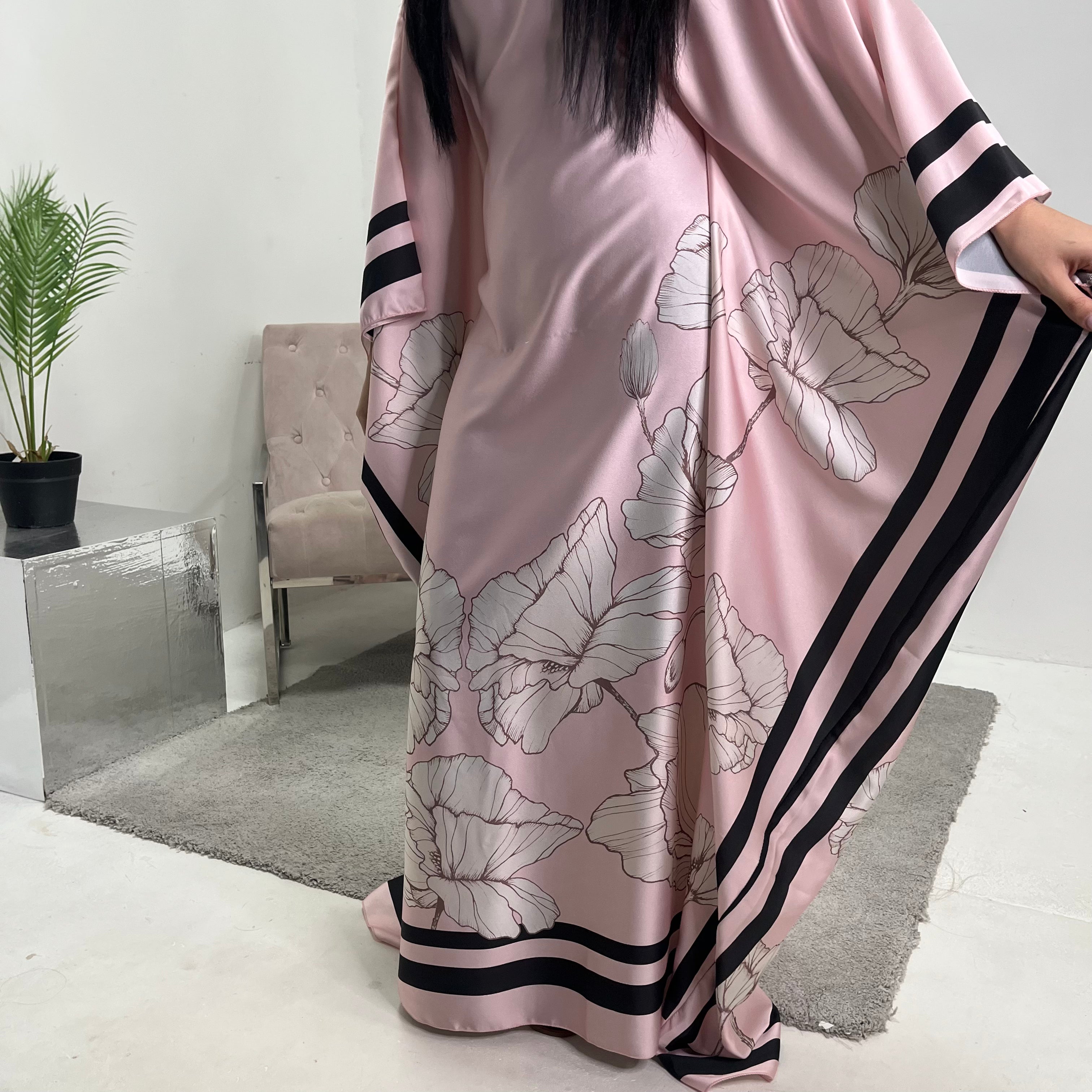 Liah Pink Printed Floral Satin Kaftan Dress – House Of Haniya
