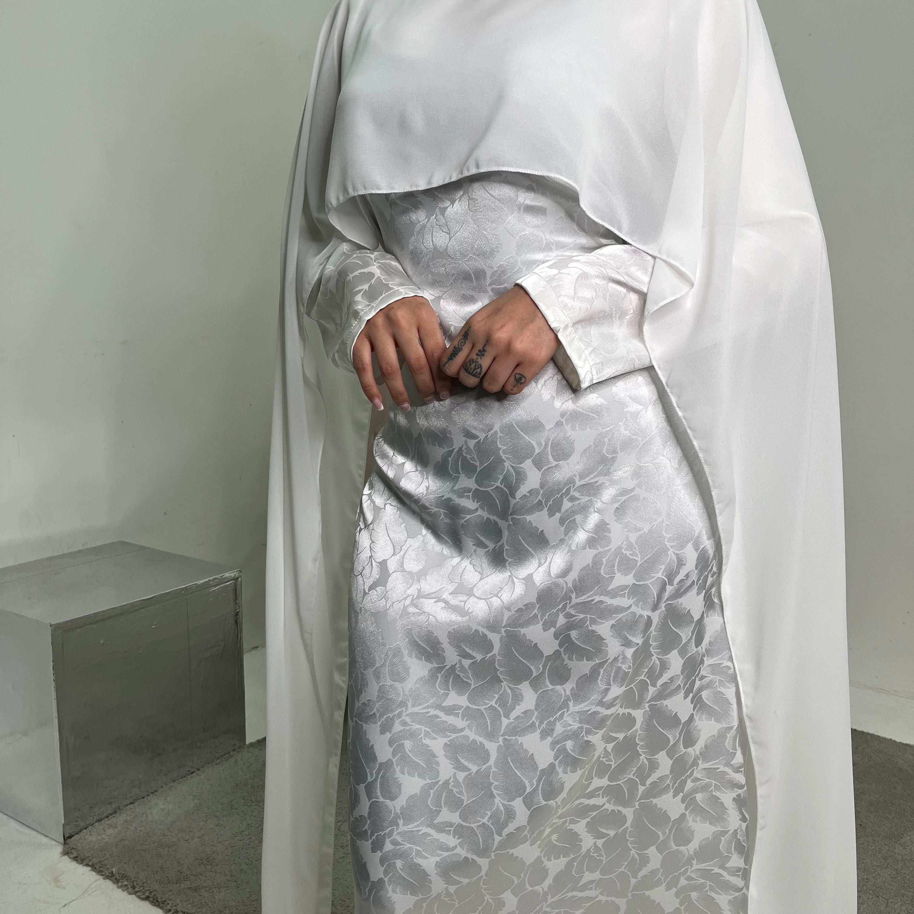 Fatima White Leaf Print Modest Dress With Scarf Drape – House Of Haniya