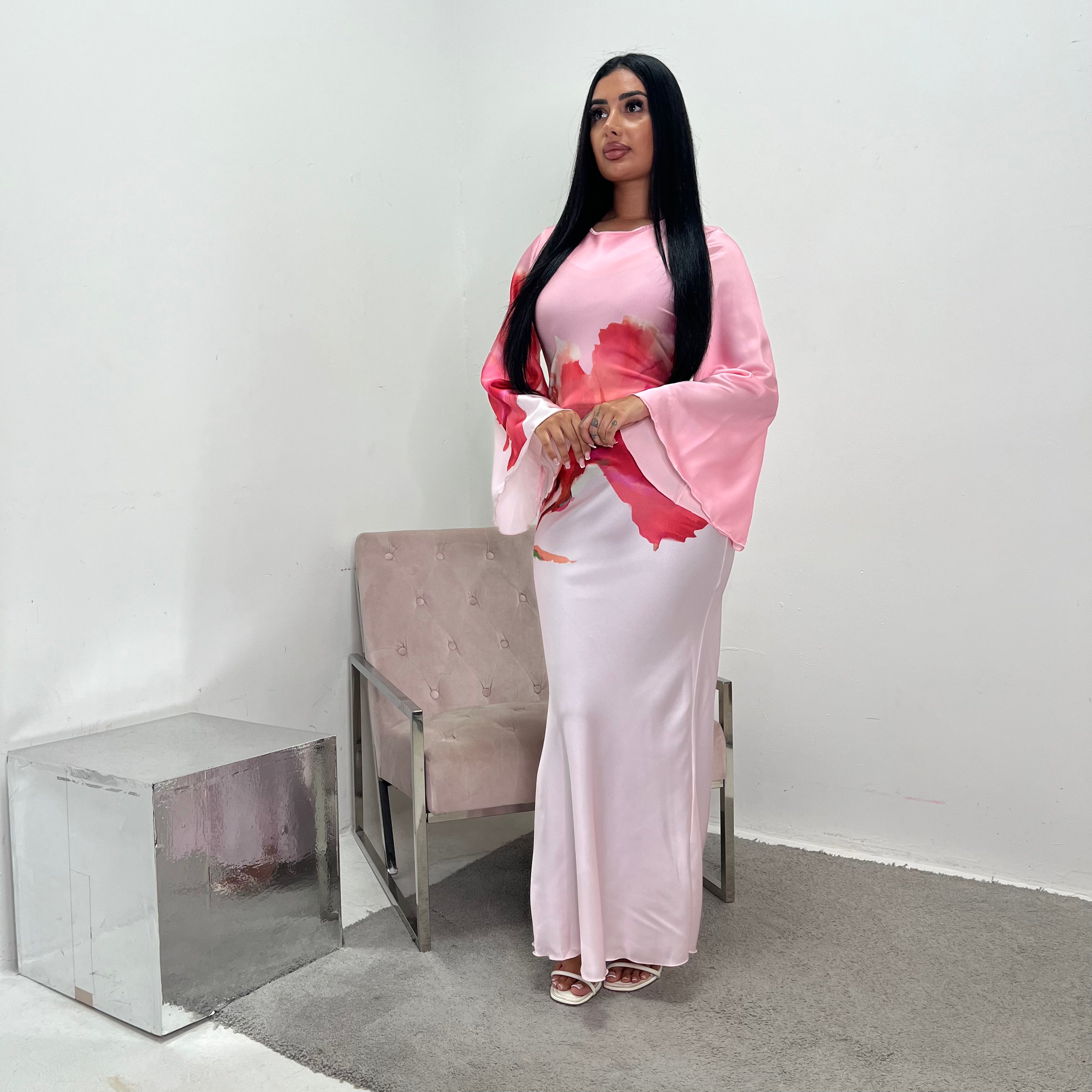 Zainab Pink Satin Floral Print Tie Back Modest Dress – House Of Haniya