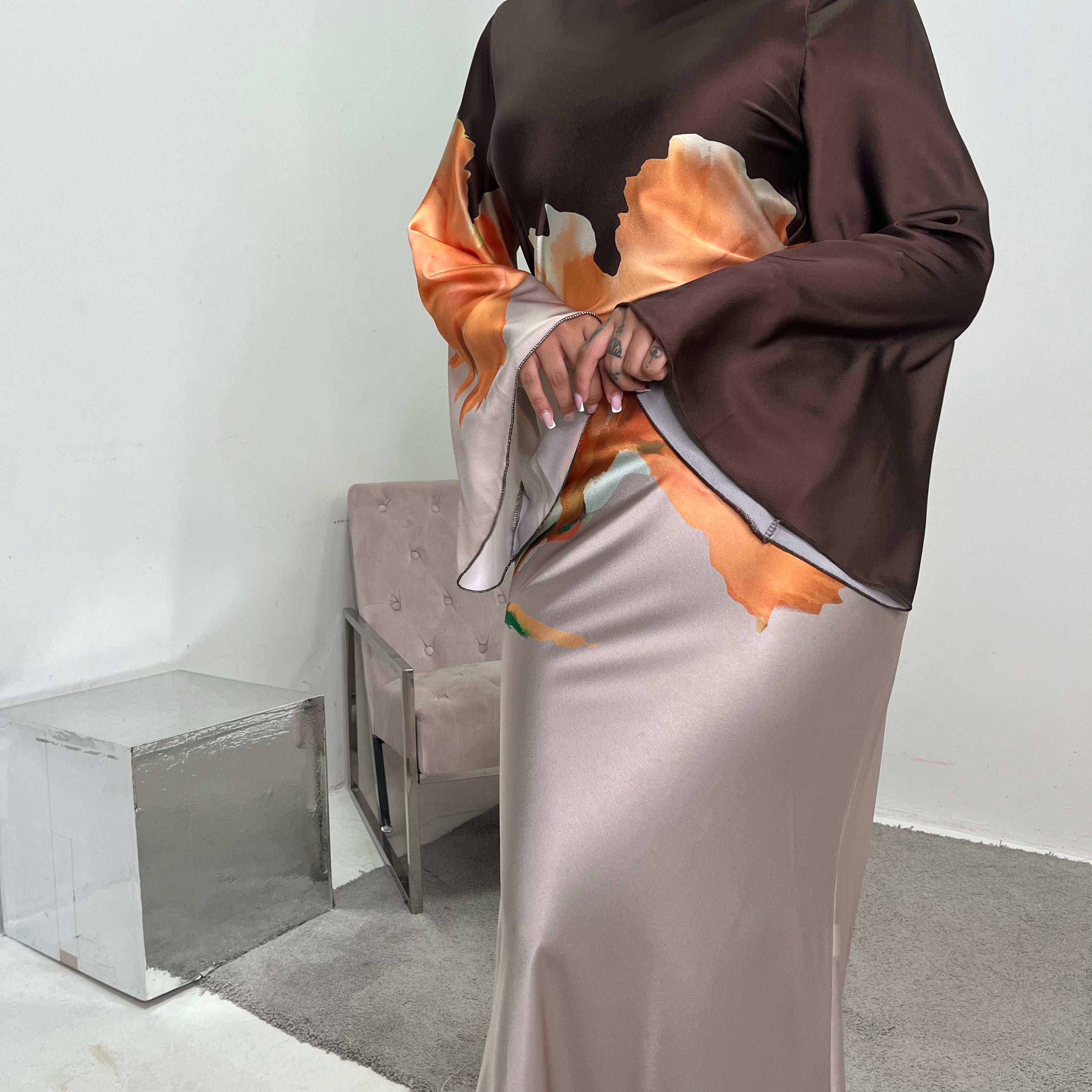 Zainab Chocolate Satin Floral Print Tie Back Modest Dress – House Of Haniya