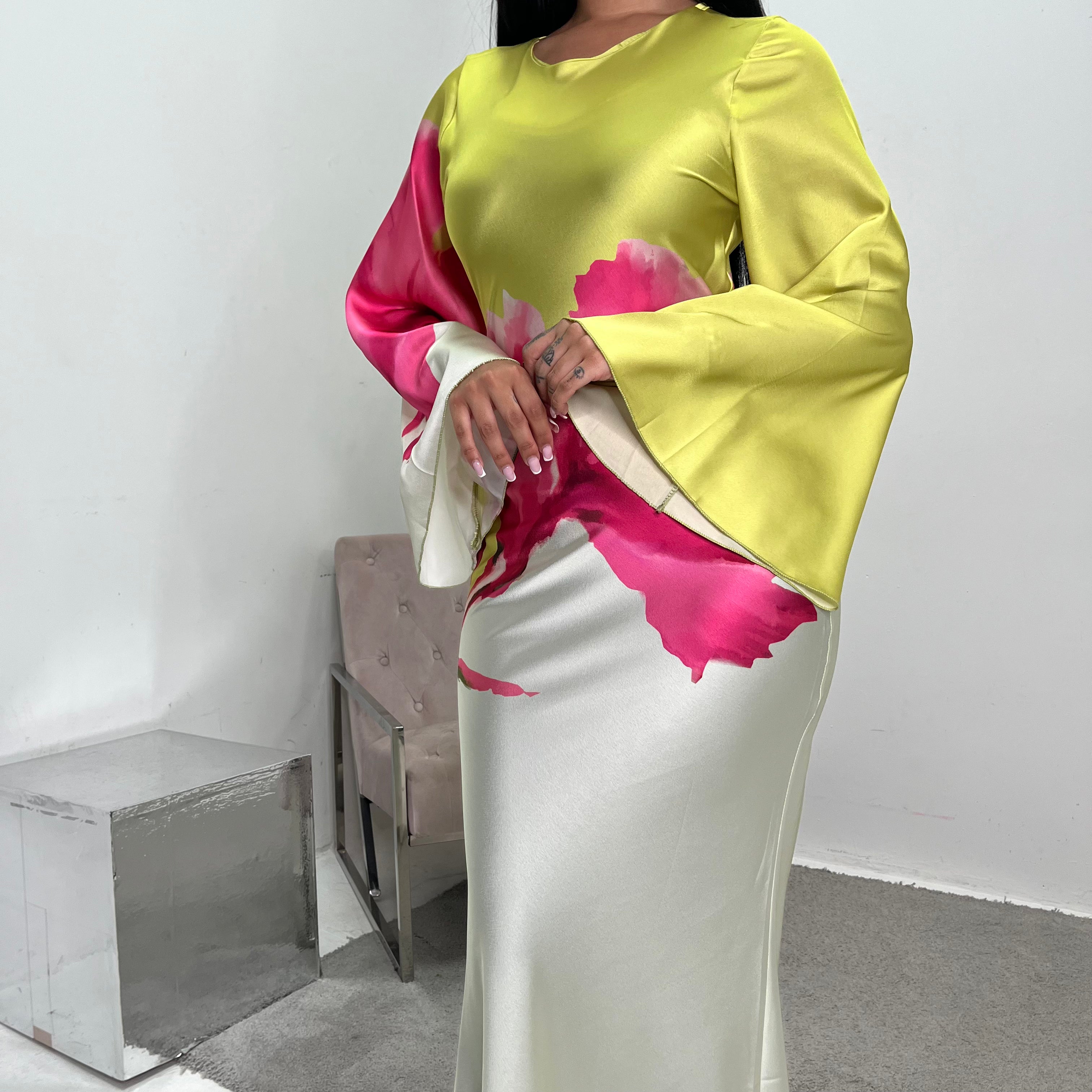Zainab Lime Green Satin Floral Print Tie Back Modest Dress – House Of ...