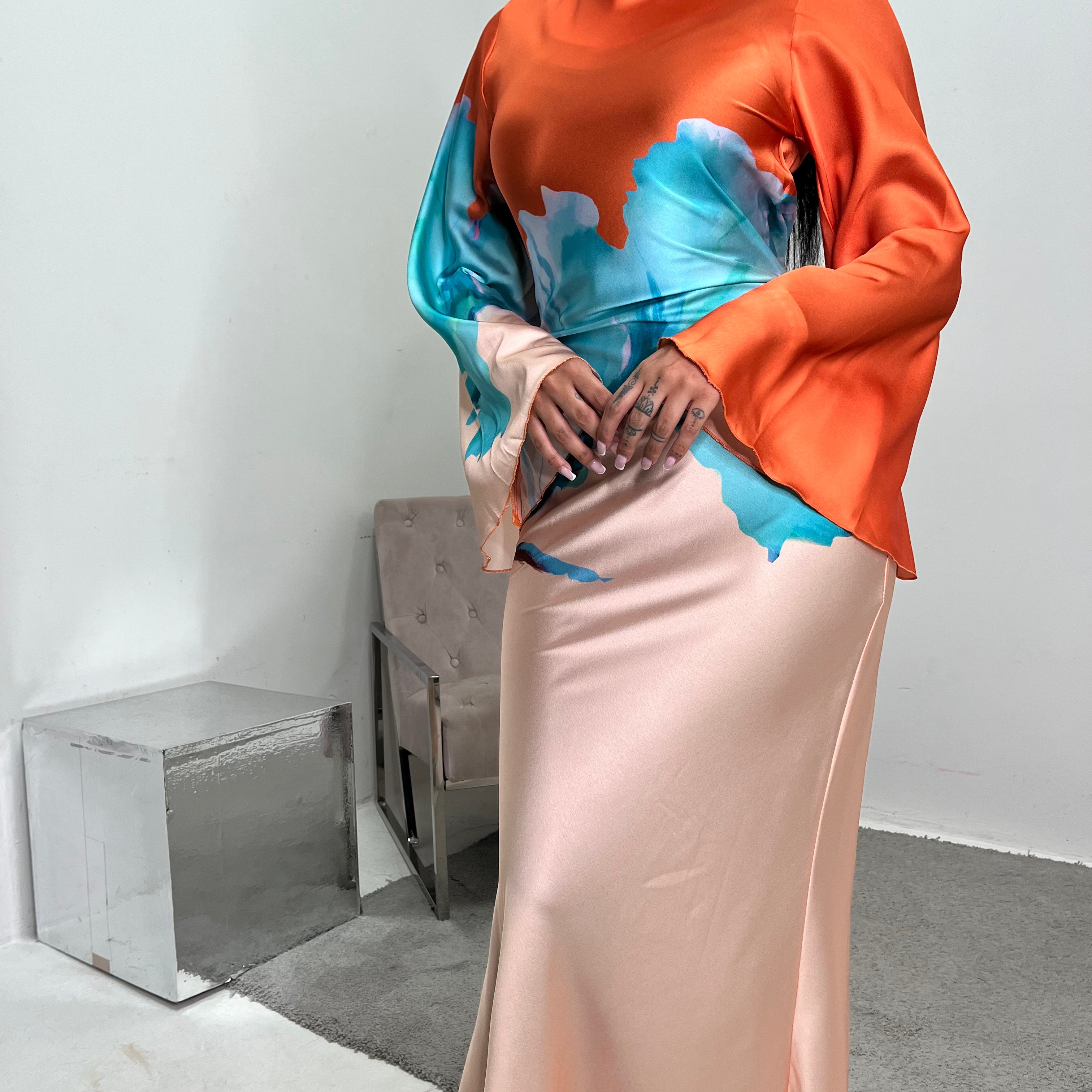 Zainab Orange Satin Floral Print Tie Back Modest Dress – House Of Haniya