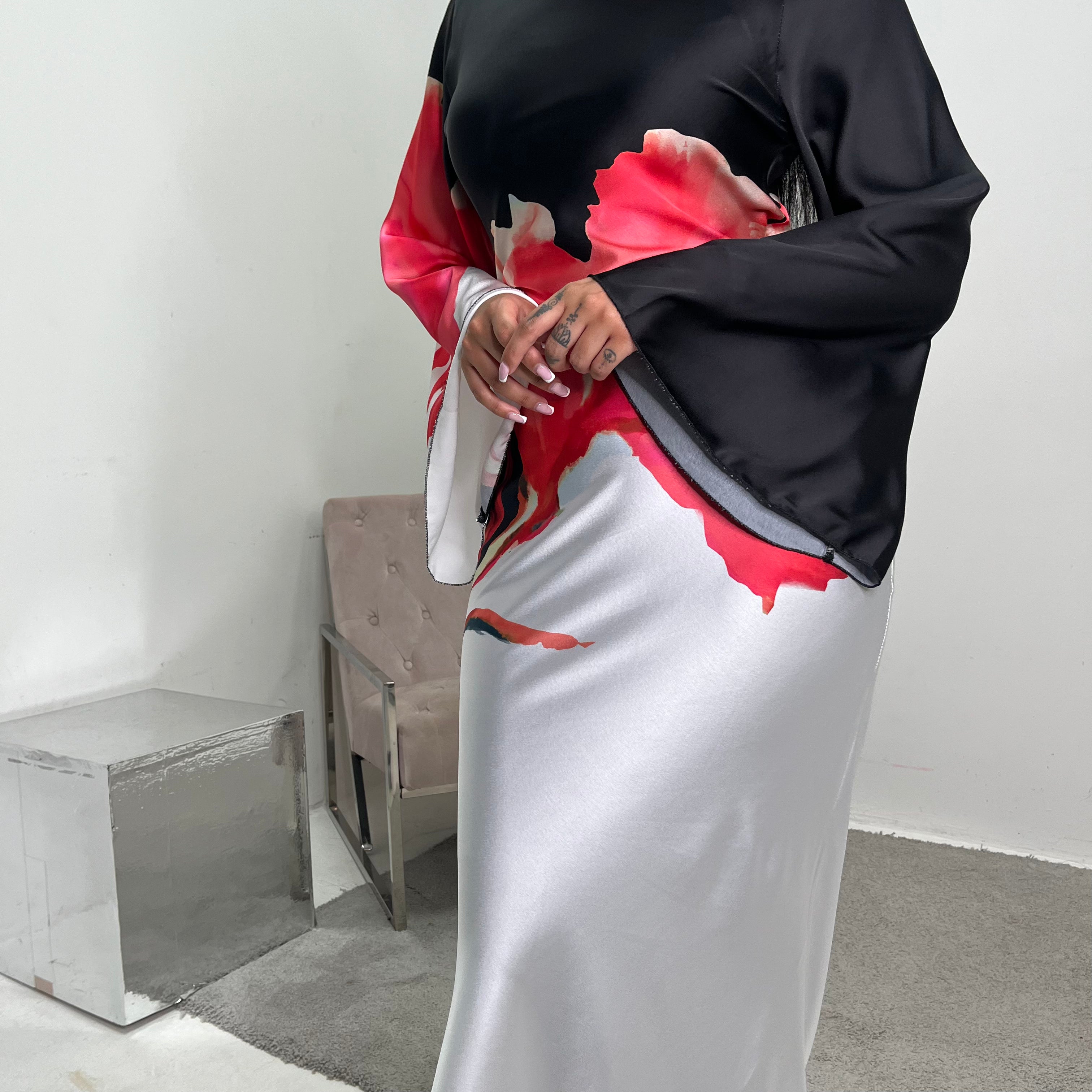 Zainab Black Satin Floral Print Tie Back Modest Dress – House Of Haniya