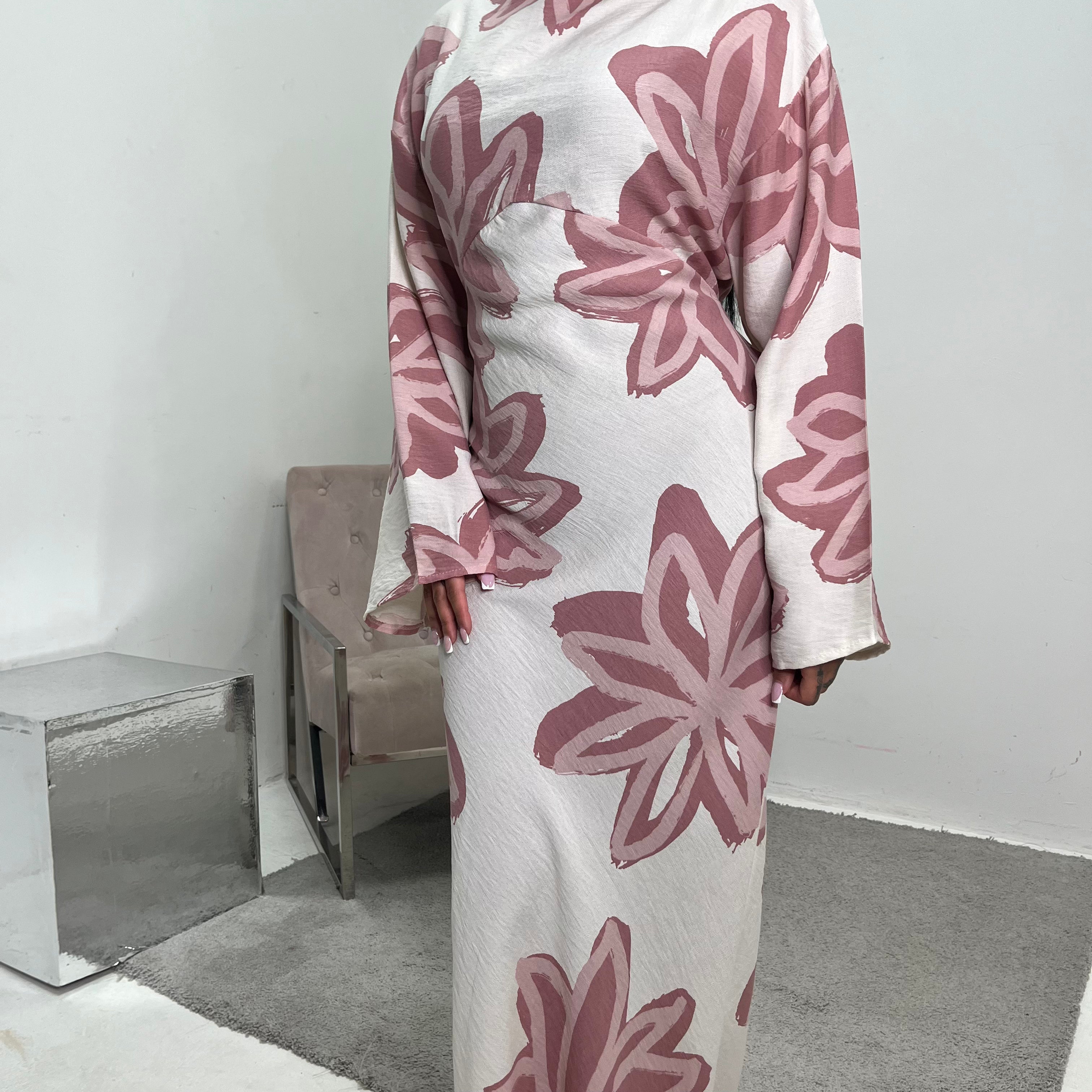 Zuri Pink Linen Summer Floral Modest Dress – House Of Haniya