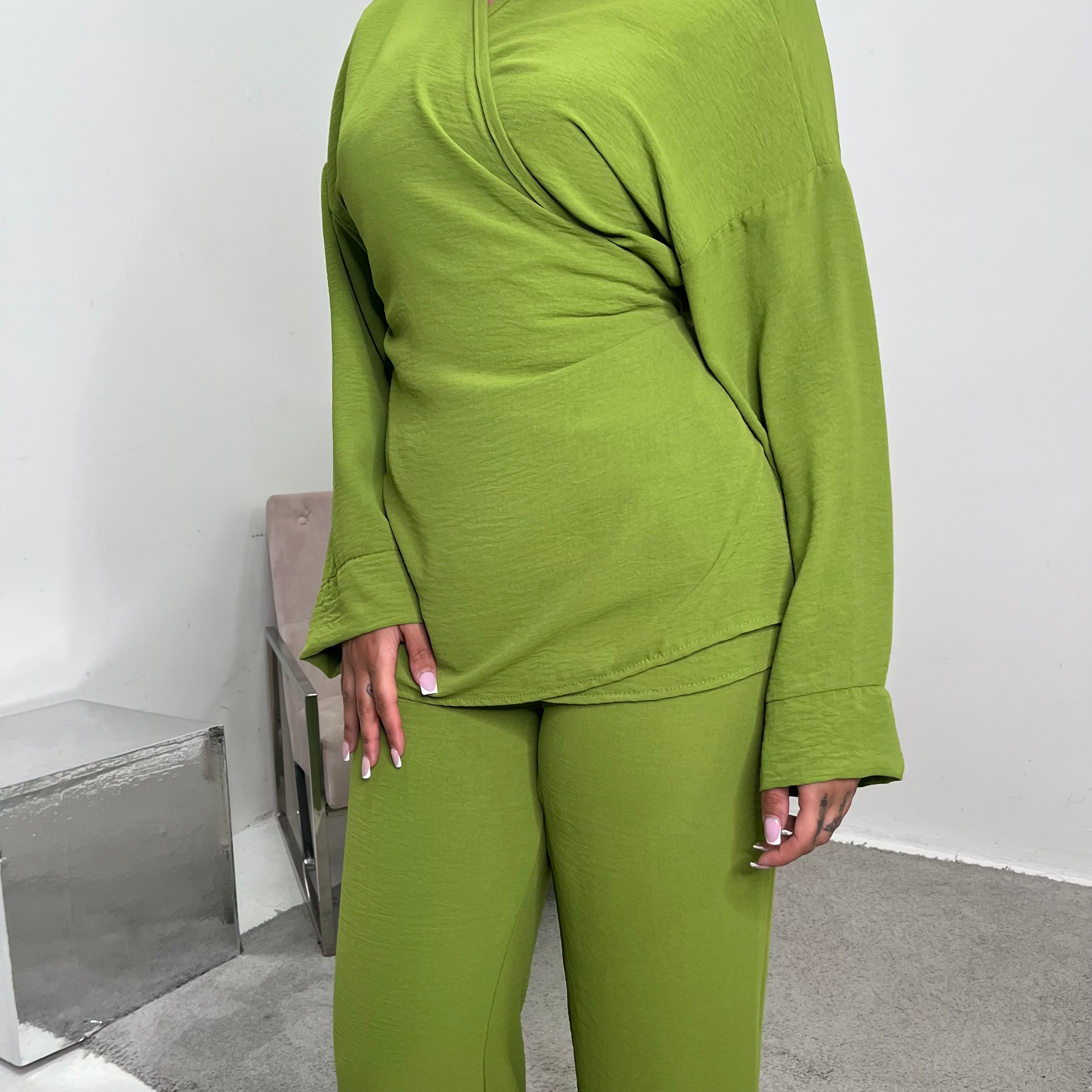 Ahura Lime Green V Neck Wrap Over Co Ord – House Of Haniya
