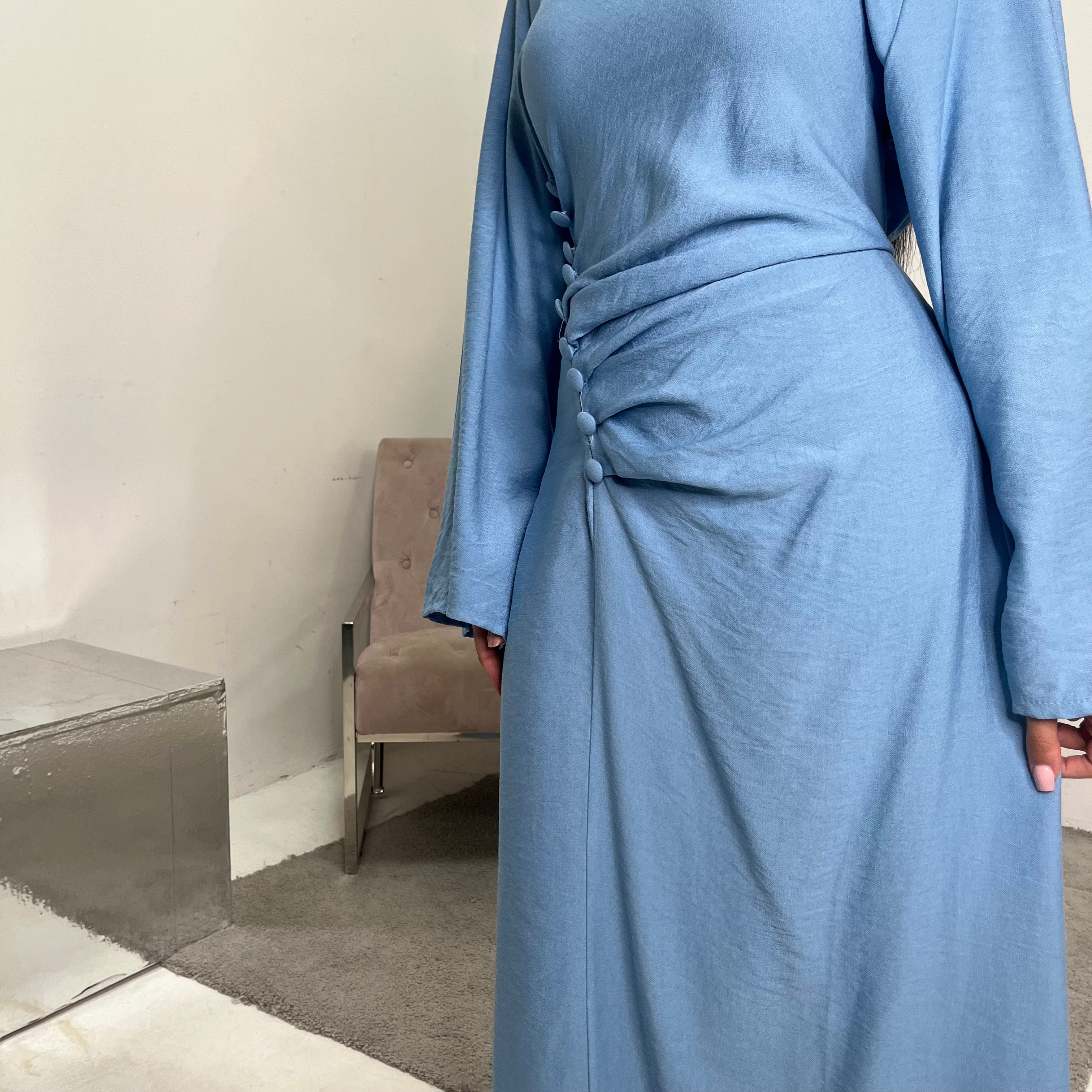 Zaneta Sky Blue Linen Side Button Detail Modest Dress – House Of Haniya