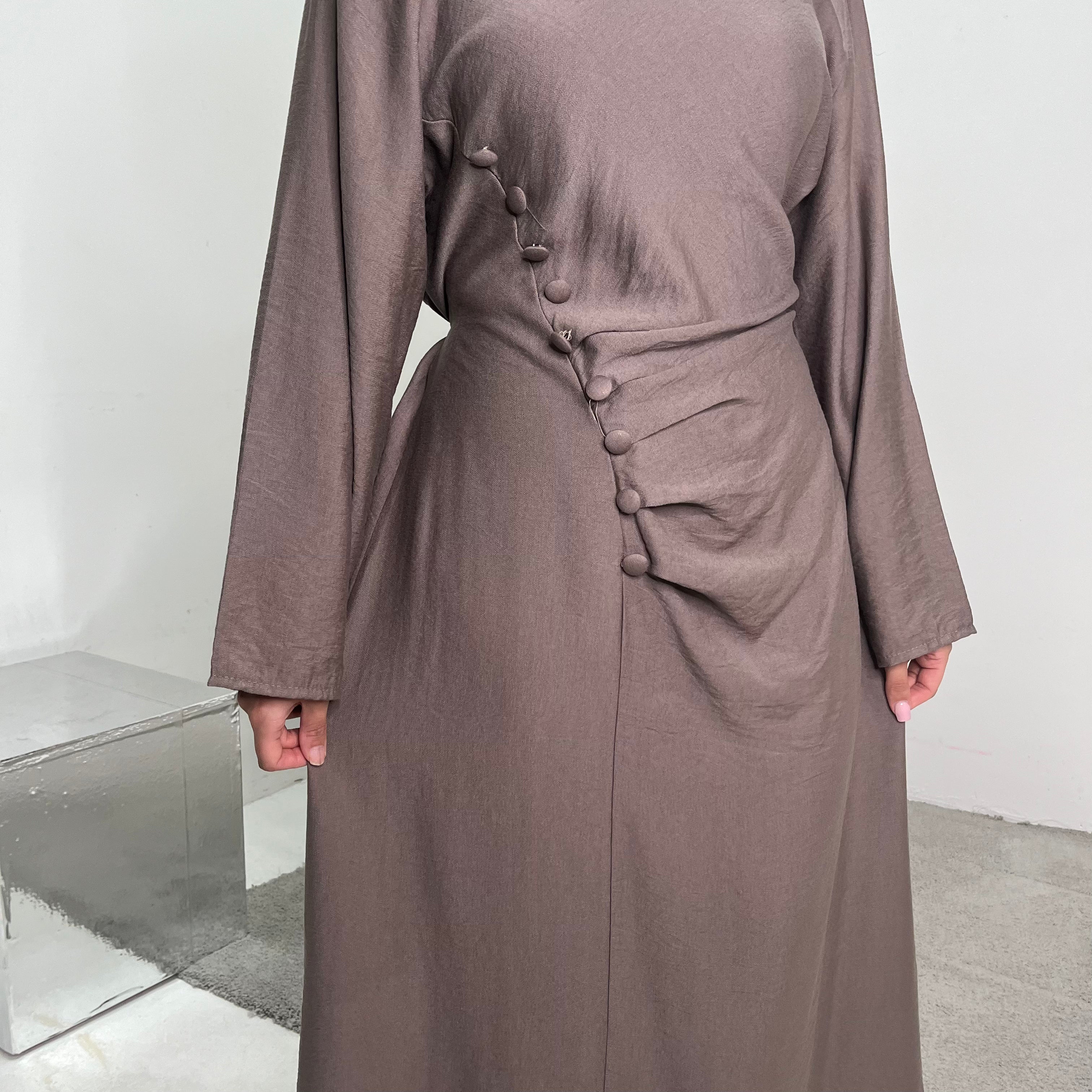 Zaneta Mocha Linen Side Button Detail Modest Dress – House Of Haniya