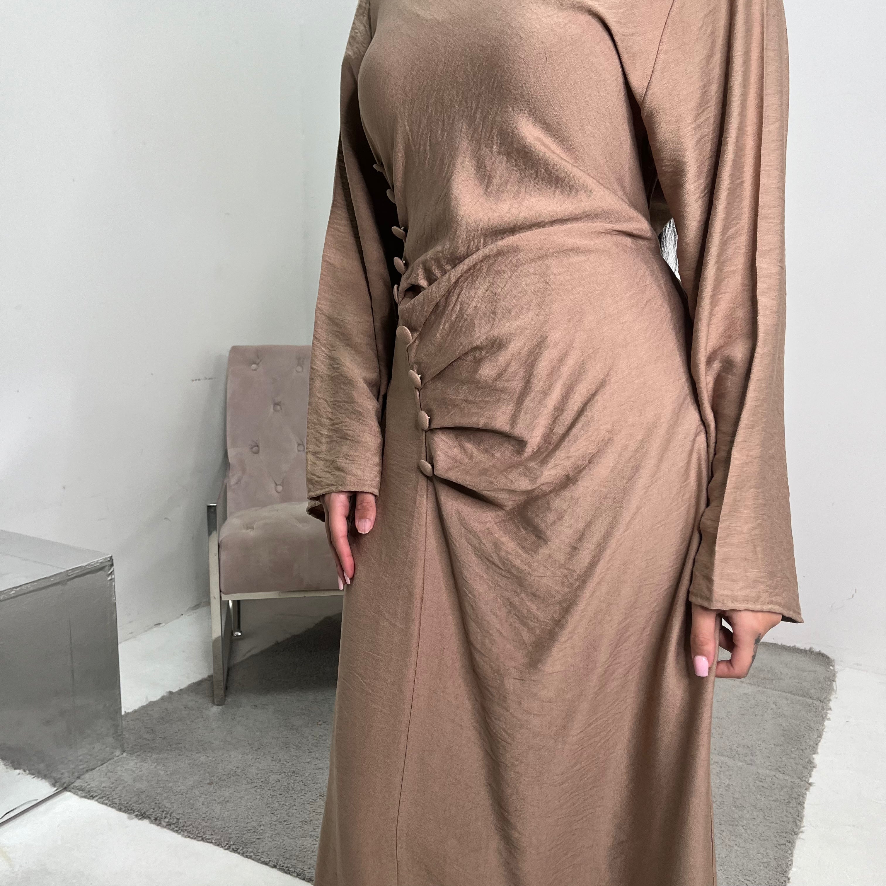 Zaneta Camel Linen Side Button Detail Modest Dress – House Of Haniya
