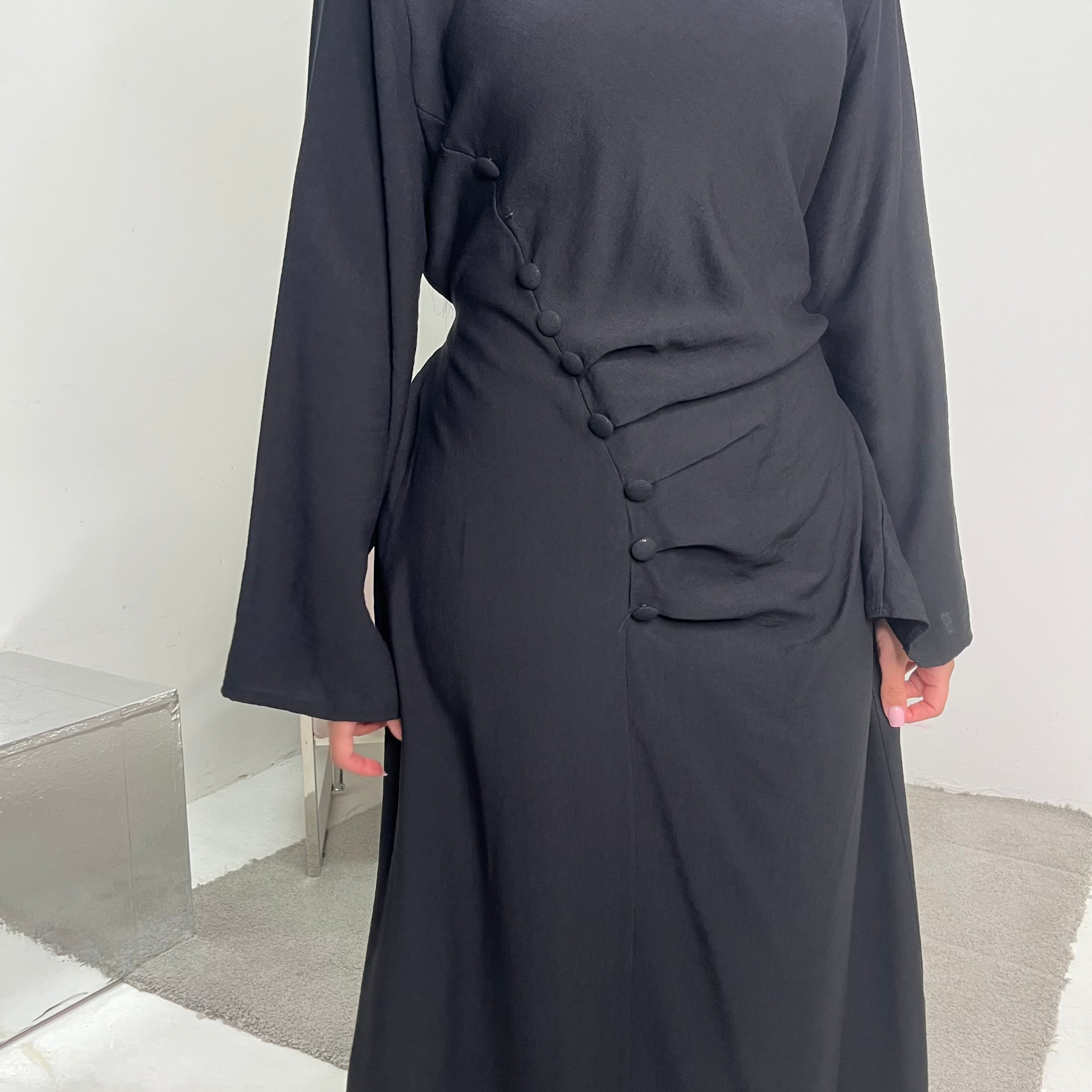 Zaneta Black Linen Side Button Detail Modest Dress – House Of Haniya