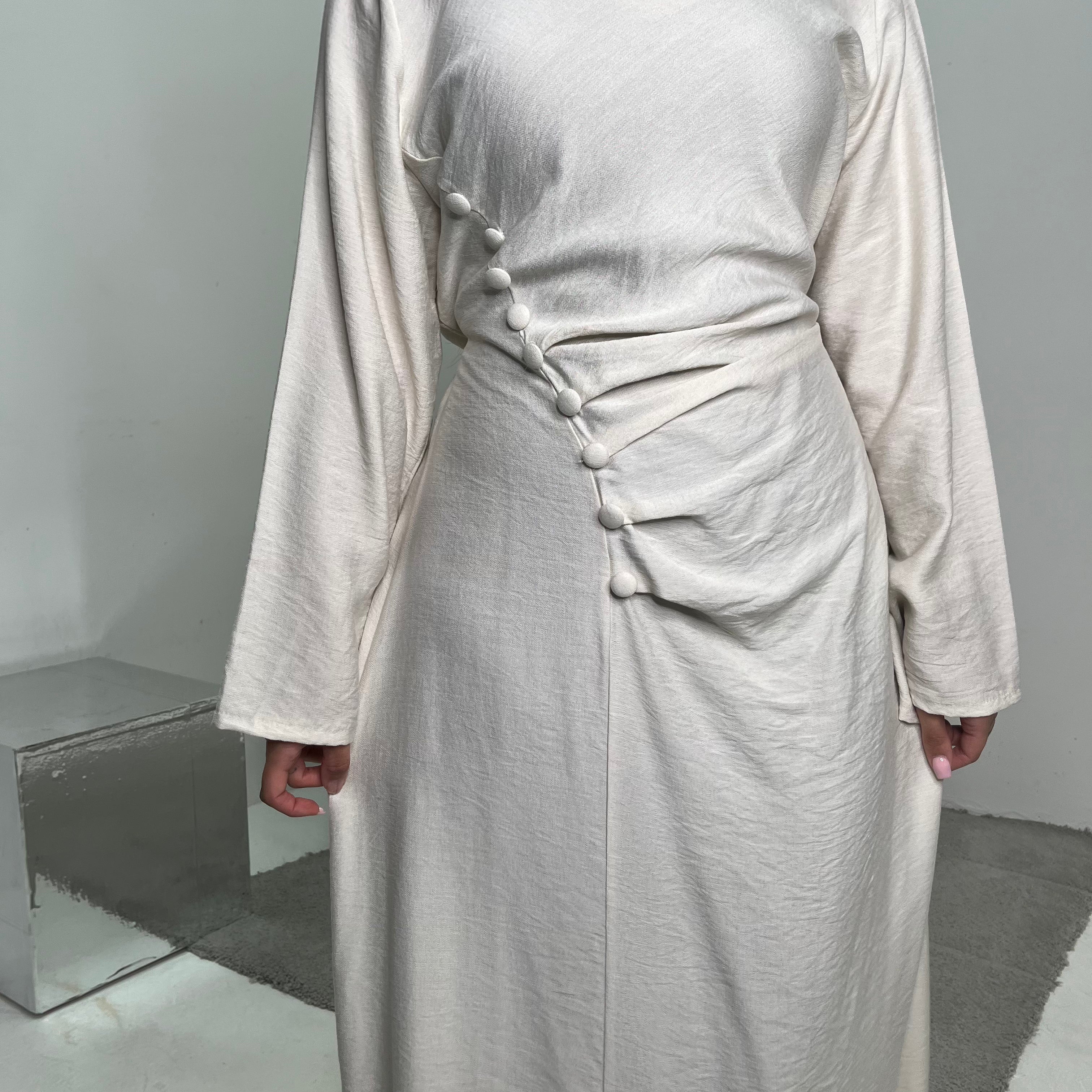 Zaneta Beige Linen Side Button Detail Modest Dress – House Of Haniya