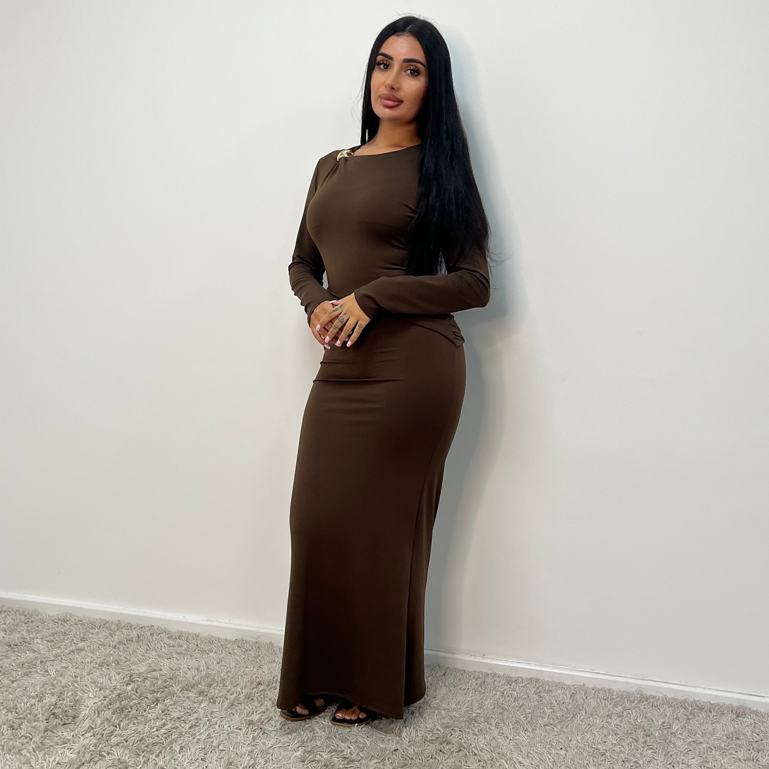 Femi Brown Soft Wrap Waist Gold Buckle Dress – House Of Haniya
