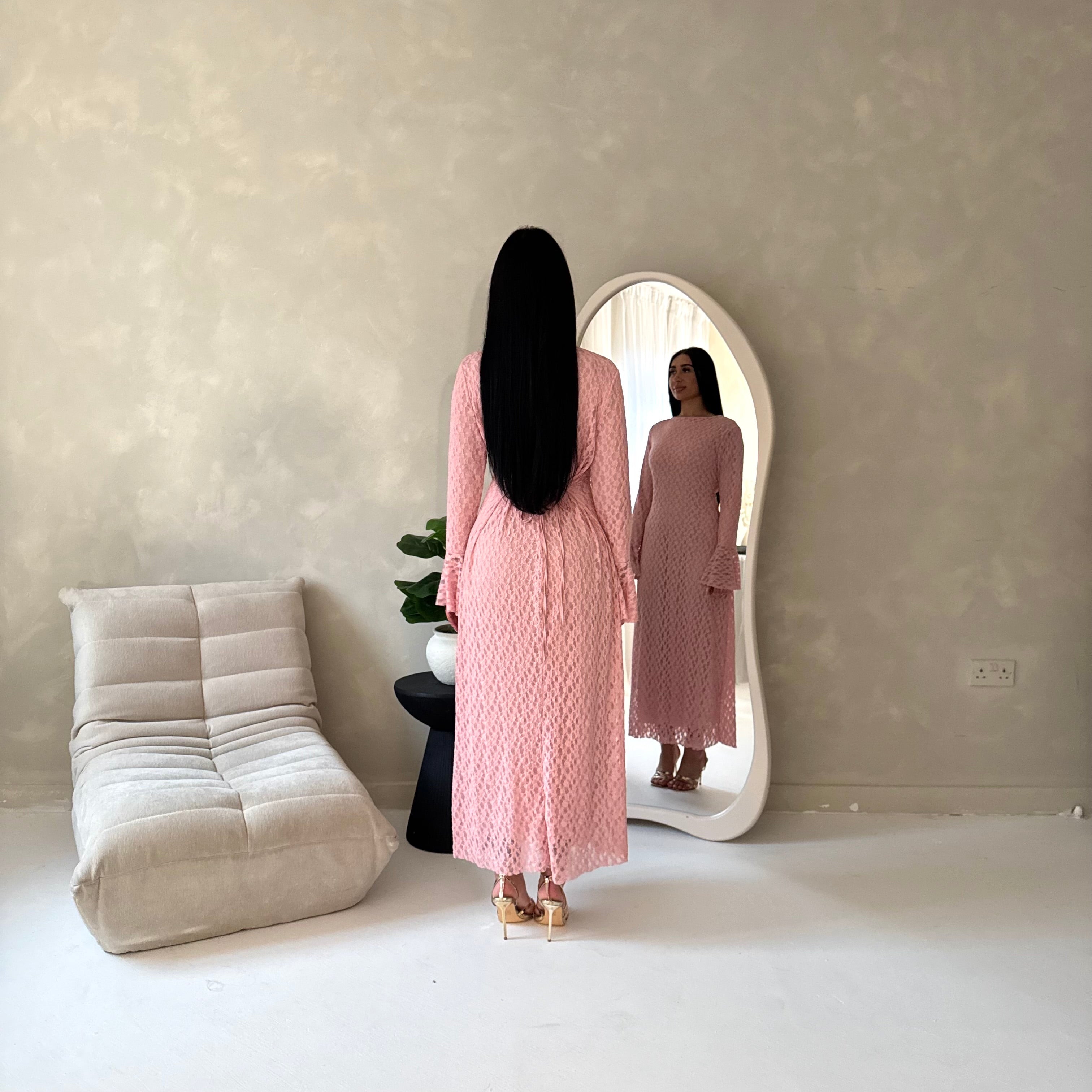 Hana Pink Floral Lace Detail Modest Dress – House Of Haniya