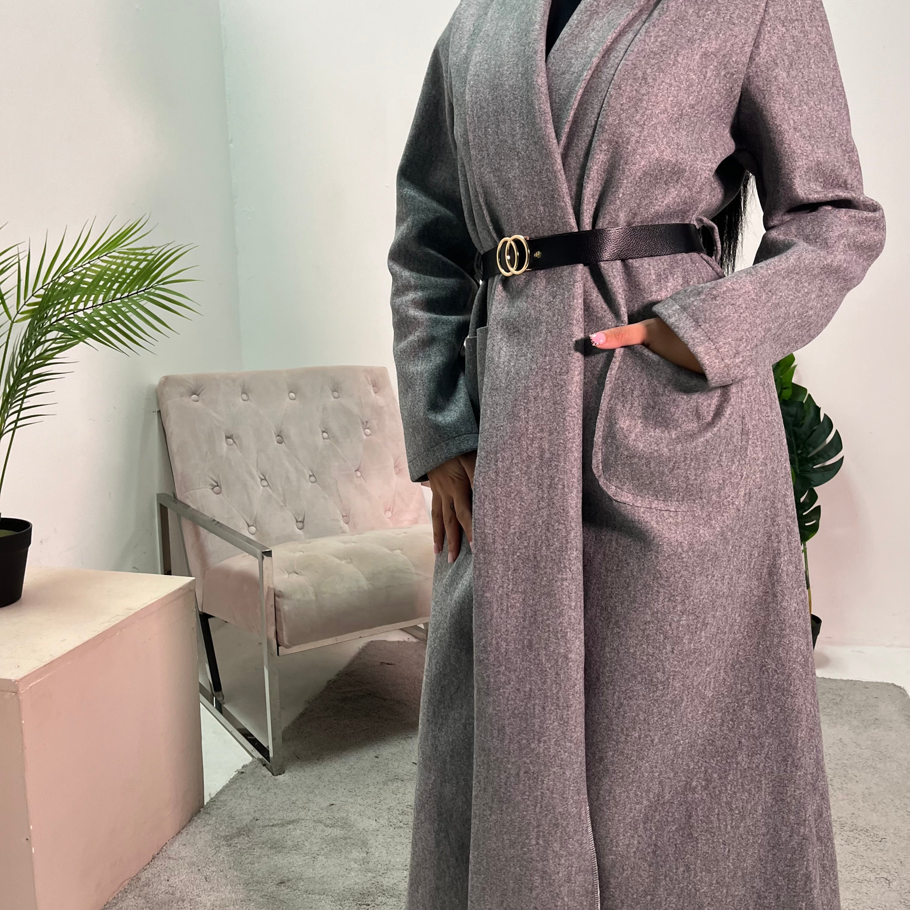 Jules Grey Plain Belted Pocket Lightweight Coat Jacket – House Of Haniya