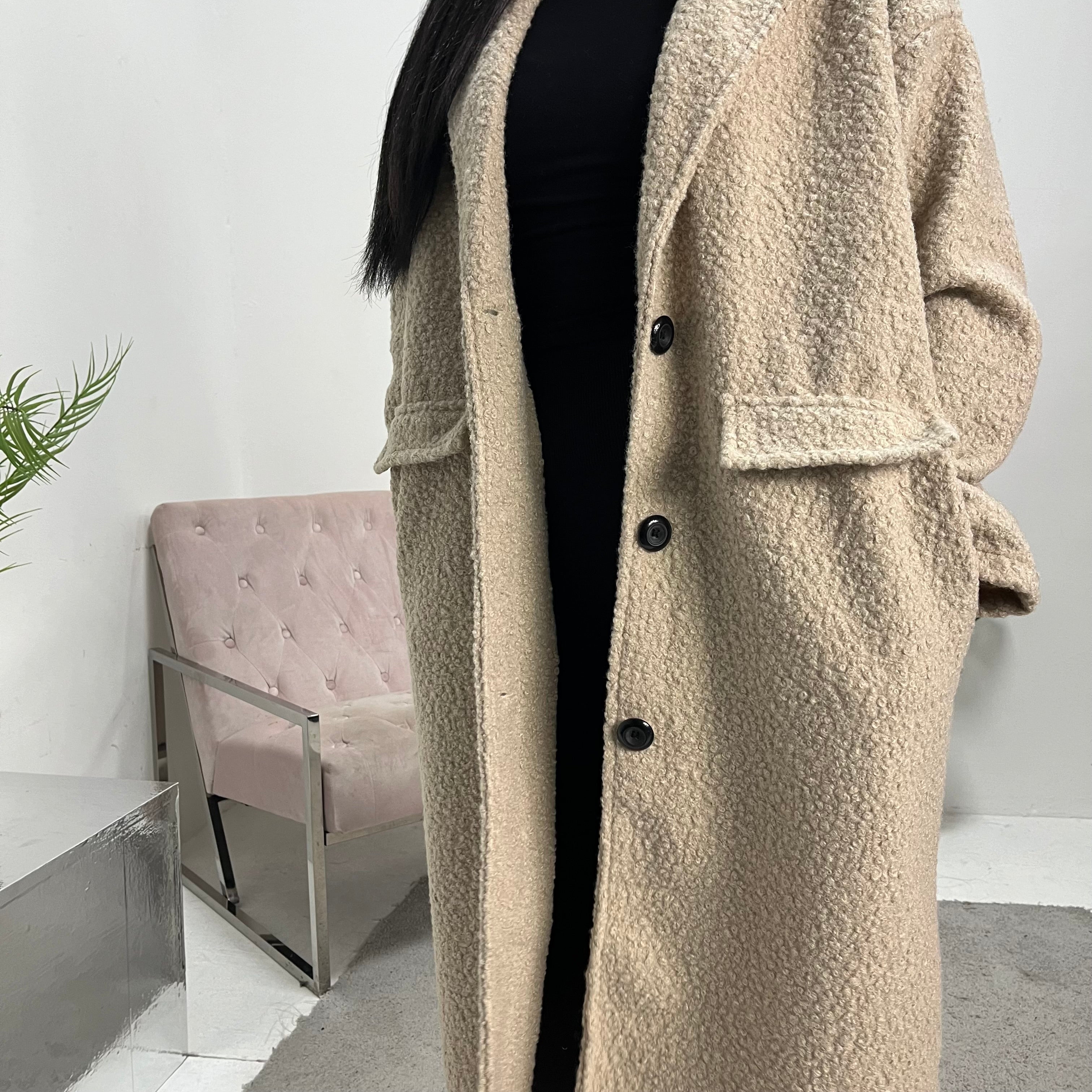 Elene Beige Button Lightweight Teddy Coat – House Of Haniya