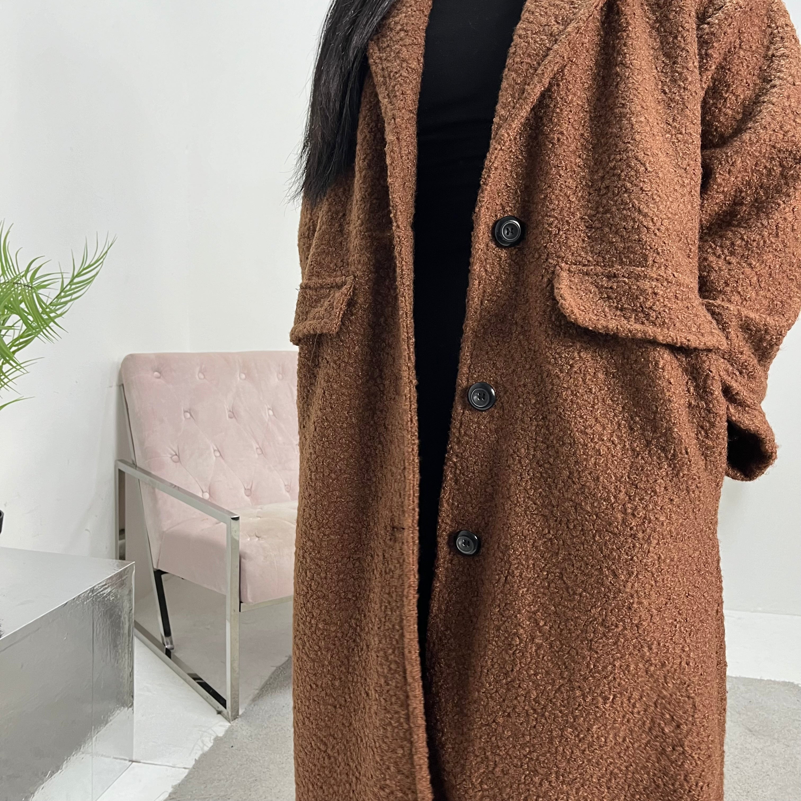 Elene Chocolate Button Lightweight Teddy Coat – House Of Haniya
