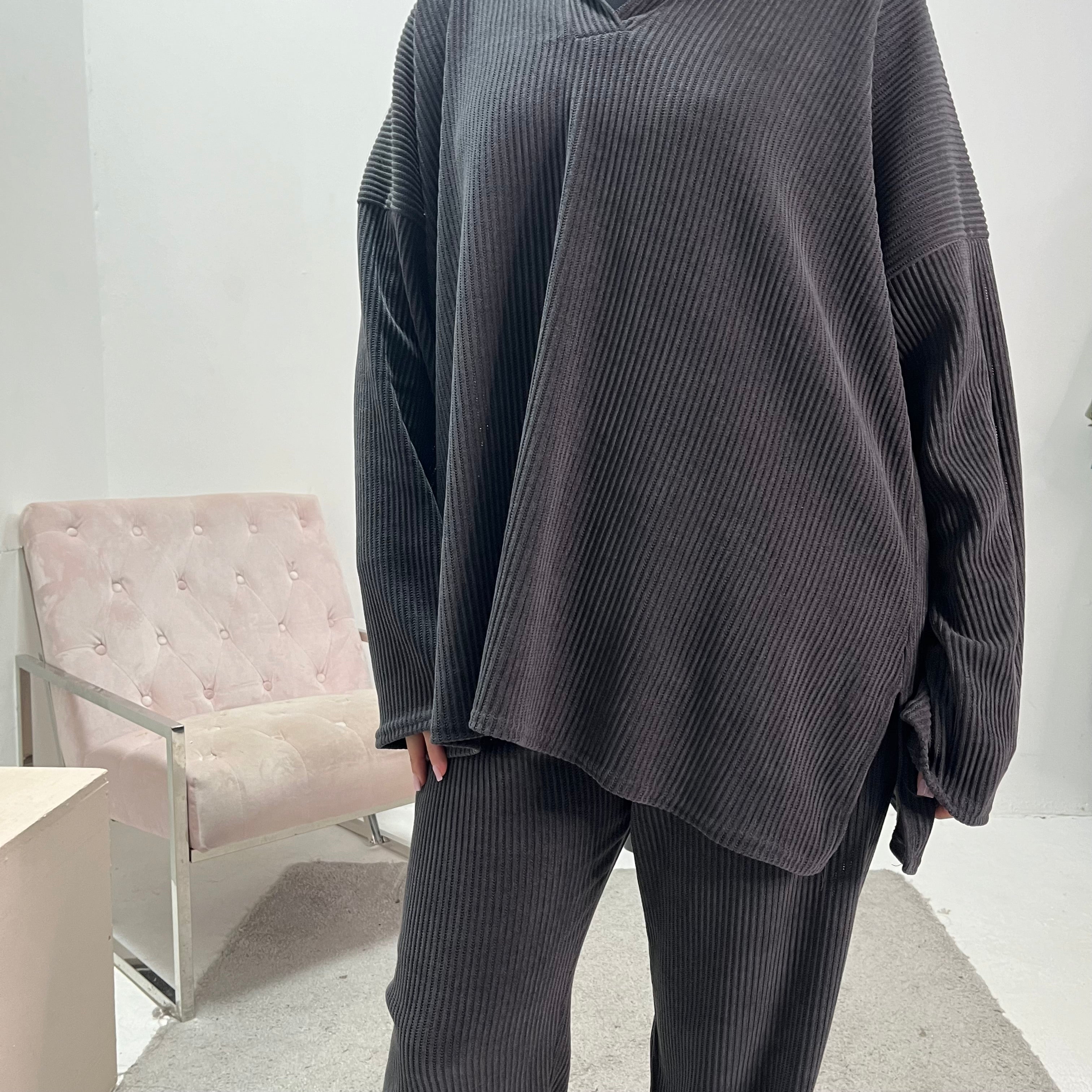Cassia Grey Soft Ribbed V Collar Trouser Co ord Set – House Of Haniya