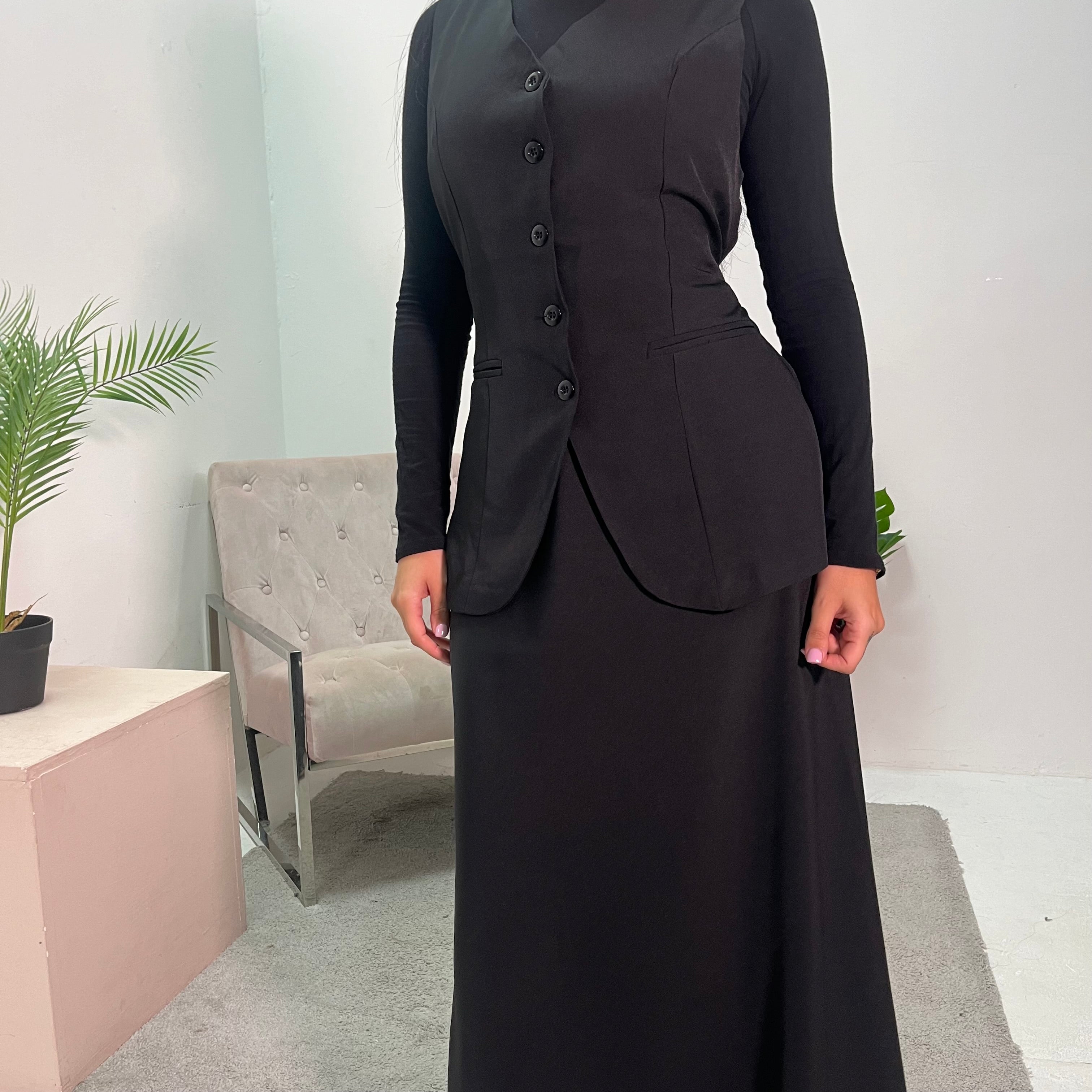 Dani Black Modest Waistcoat And Skirt Co ord Set – House Of Haniya