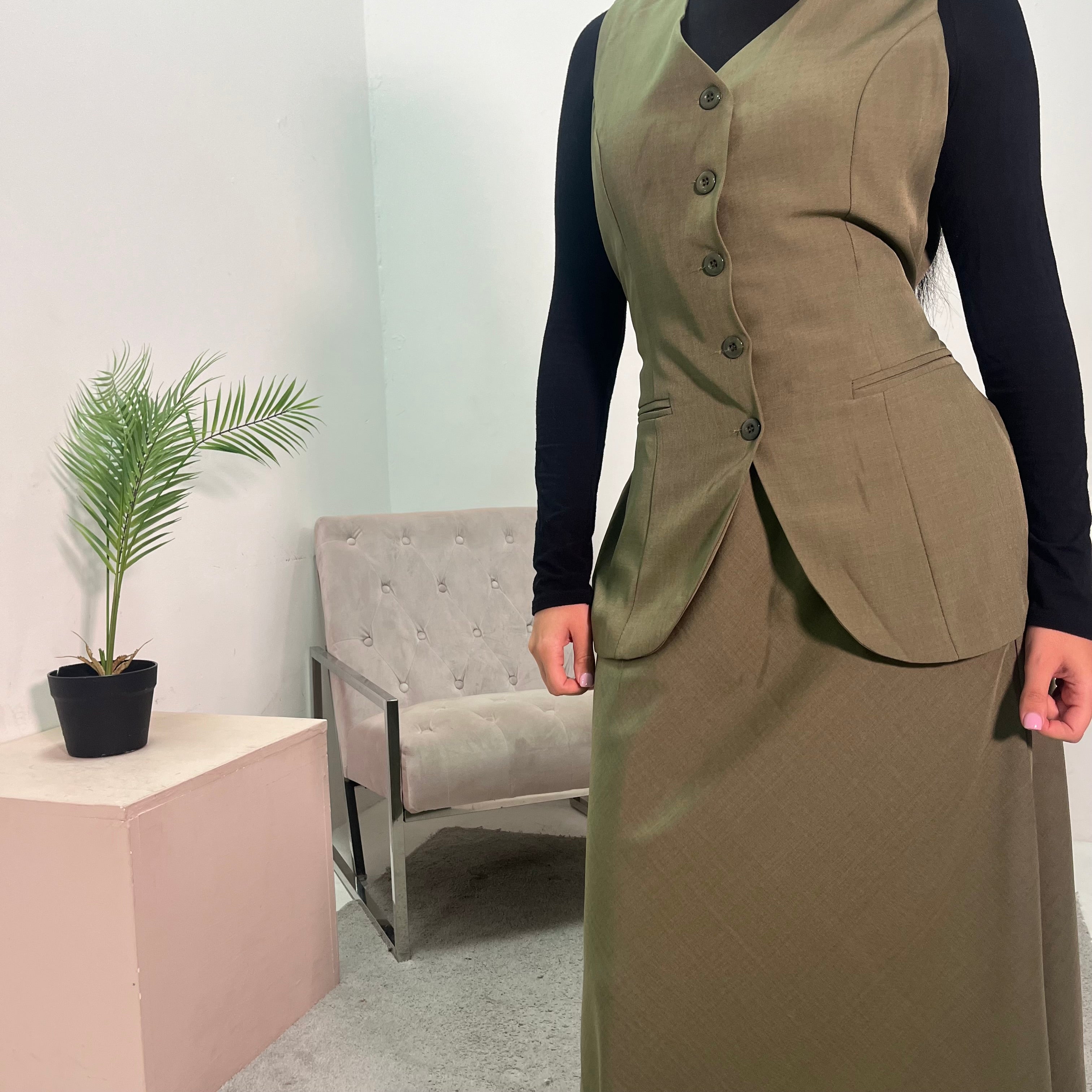 Dani Khaki Modest Waistcoat And Skirt Co ord Set – House Of Haniya