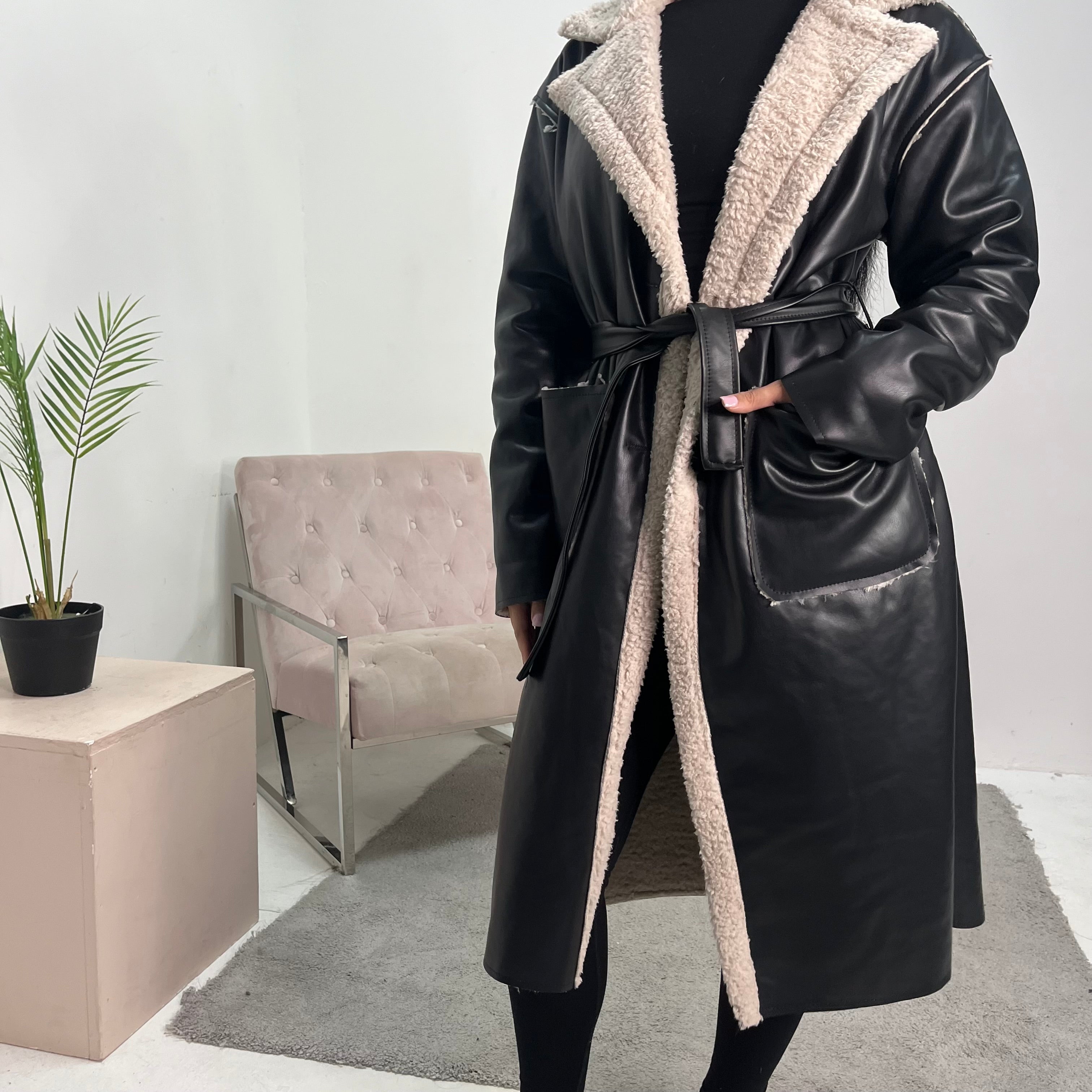 Sana Black Belted Pu And Fur Lined Jacket – House Of Haniya
