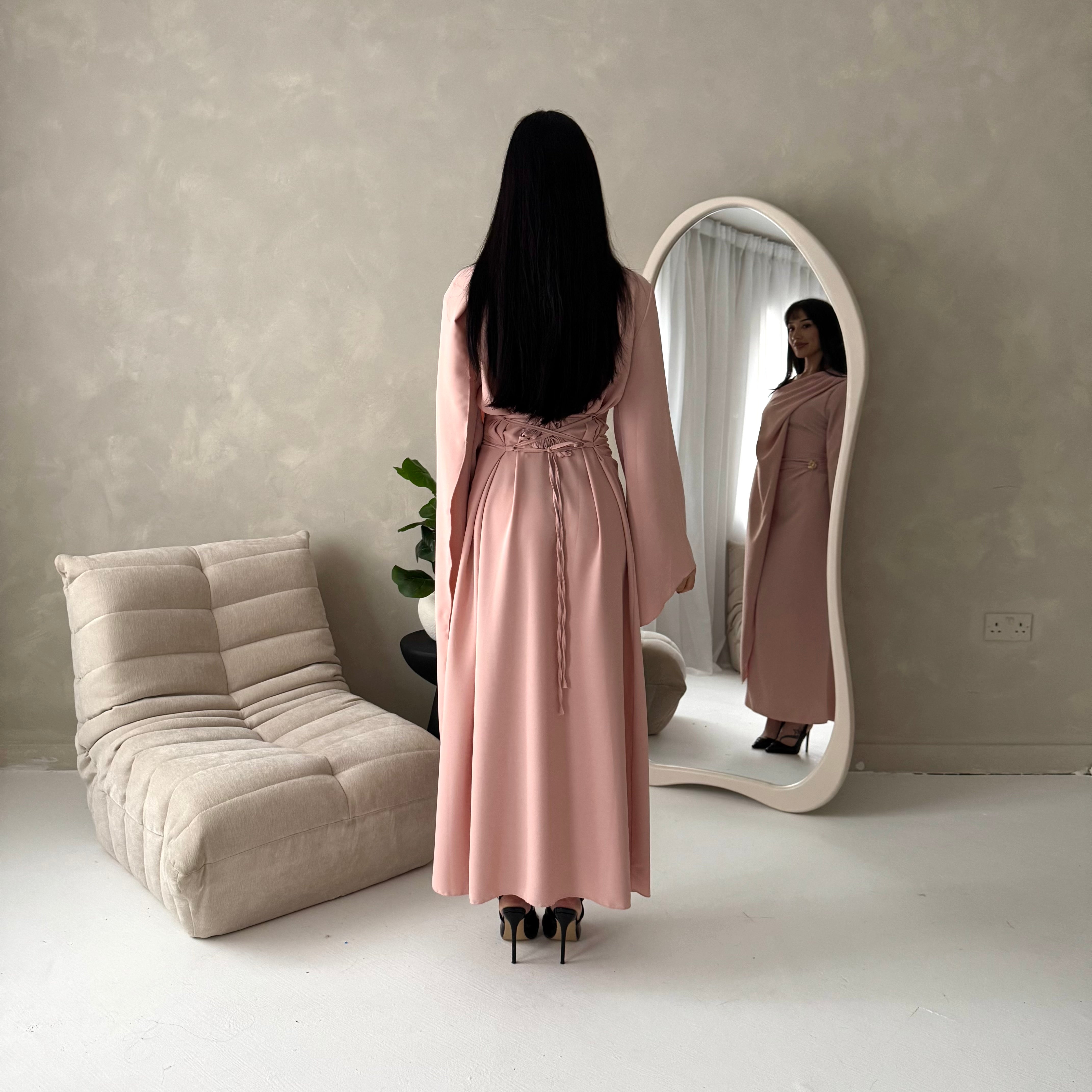 Nevin Pink Gold Buckle One Side Drape Dress – House Of Haniya