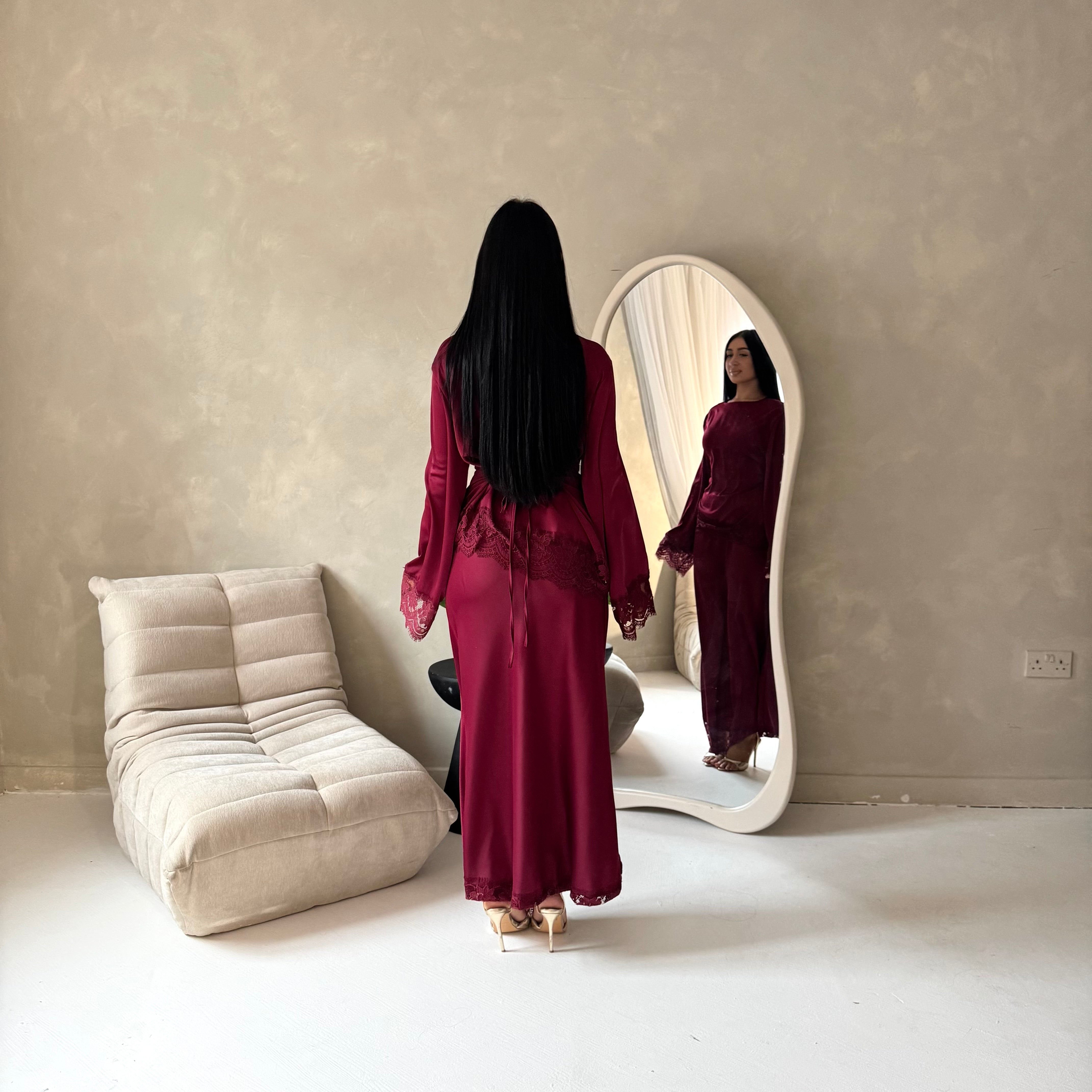 Myrah Wine Lace Detail Modest Skirt Co Ord Set – House Of Haniya