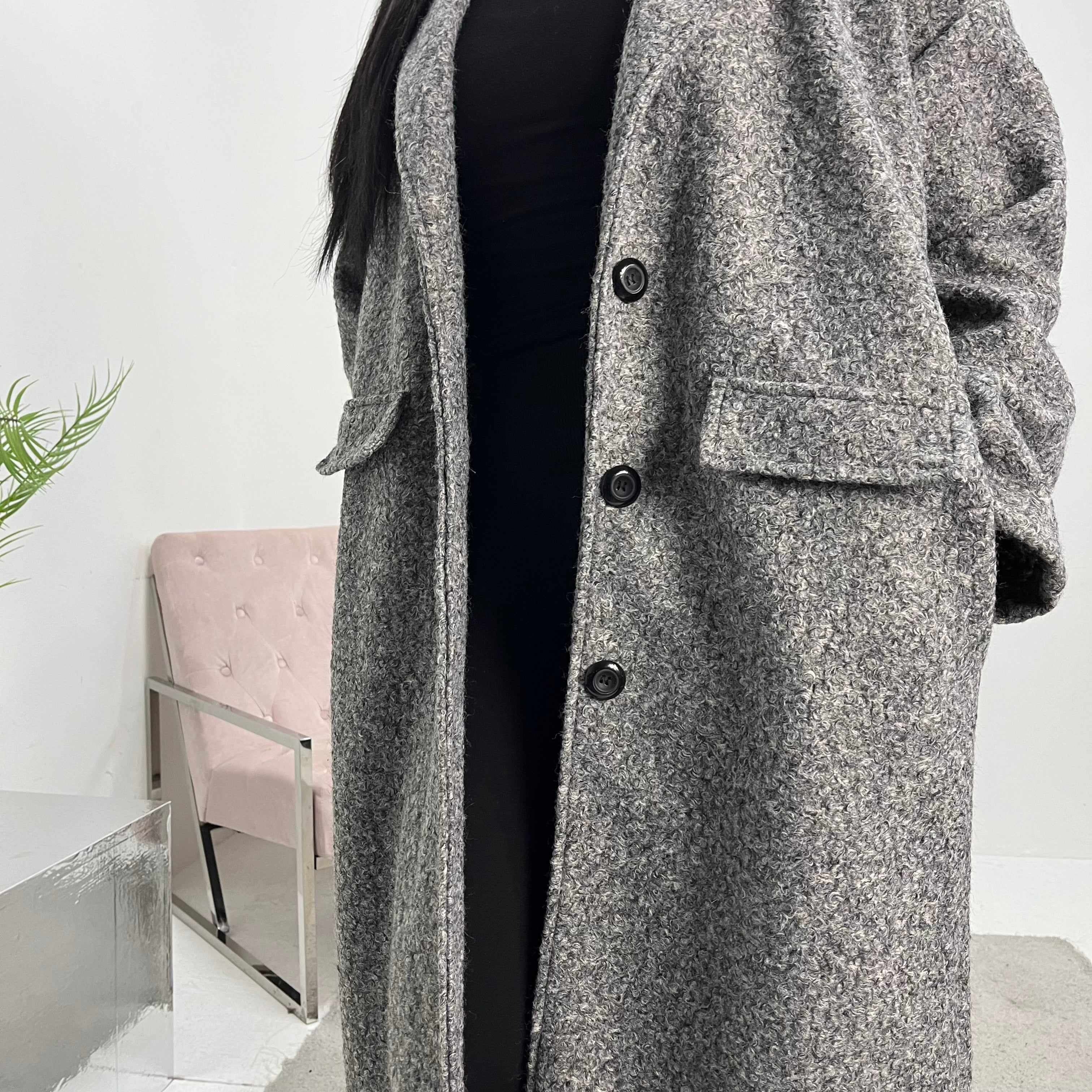Elene Grey Button Lightweight Teddy Coat – House Of Haniya
