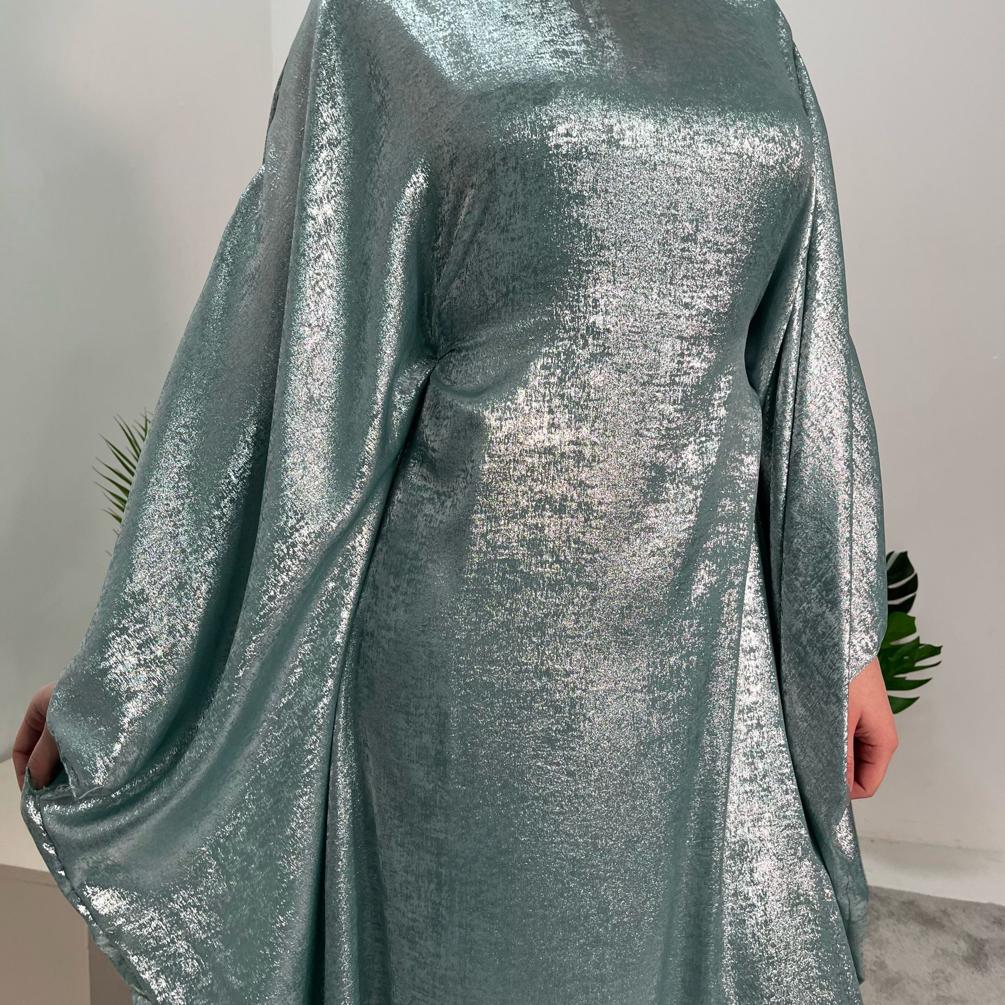 Rabia Aqua Metallic Elasticated Batwing Kaftan Dress – House Of Haniya