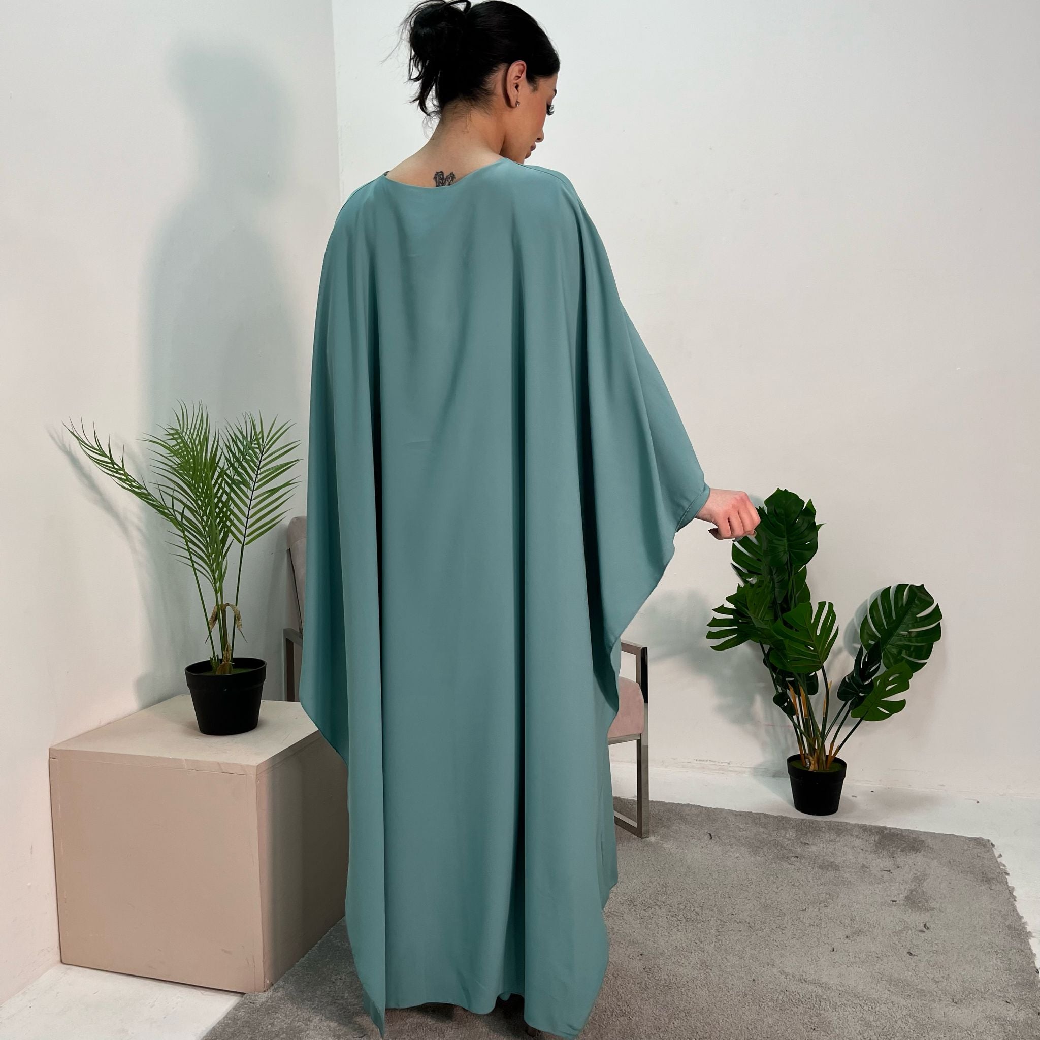 Aleena Turquoise Plain Silky Satin Batwing Kaftan Dress – House Of Haniya